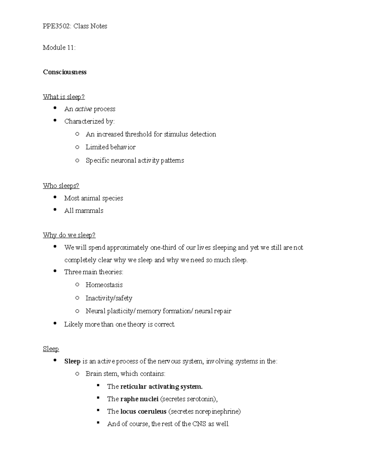 PPE3502-Module 11Notes - PPE3502: Class Notes Module 11: Consciousness ...