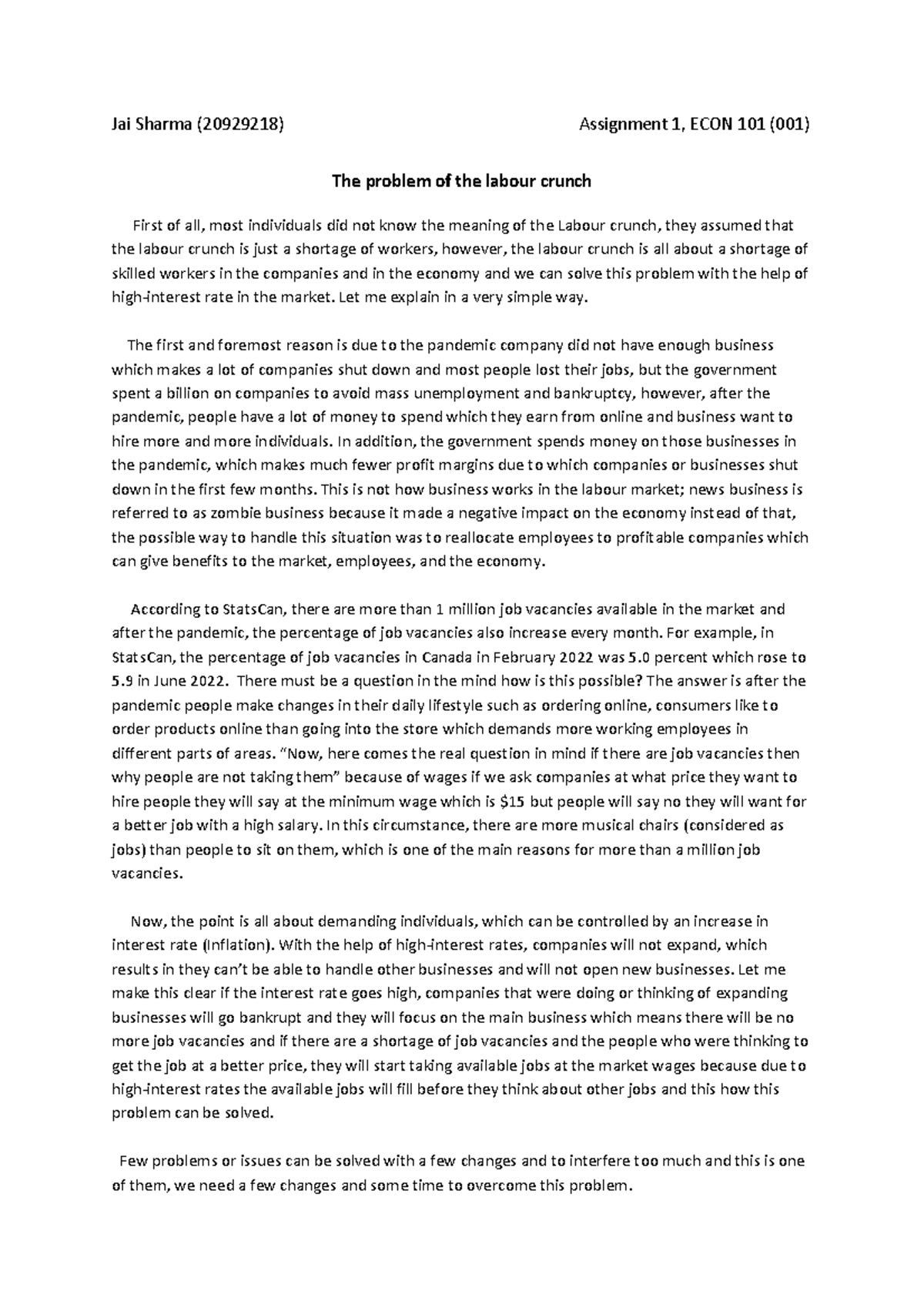 Econ 101 assignment - Jai Sharma (20929218) Assignment 1, ECON 101 (001 ...