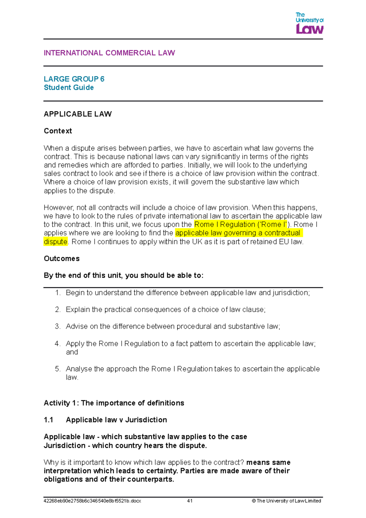 IC Law LG6 - Applicable Law - INTERNATIONAL COMMERCIAL LAW LARGE GROUP ...