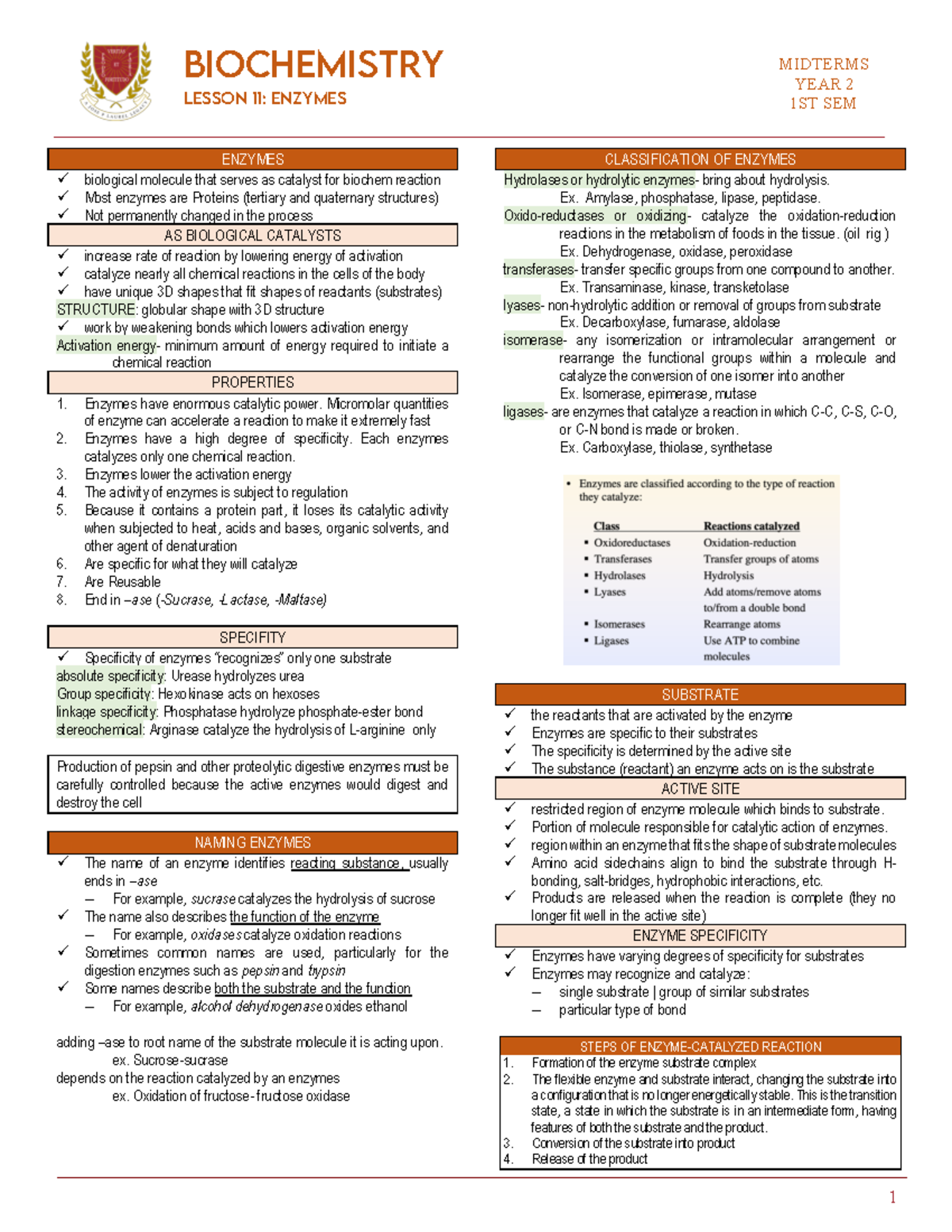 11- Enzymes - For study purposes only. - 1 BIOCHEMISTRY LESSON 1 1 ...