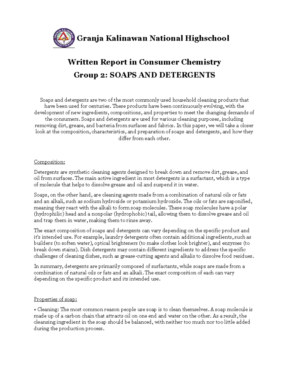 Written Report in Consumer Chemistry - Granja Kalinawan National ...