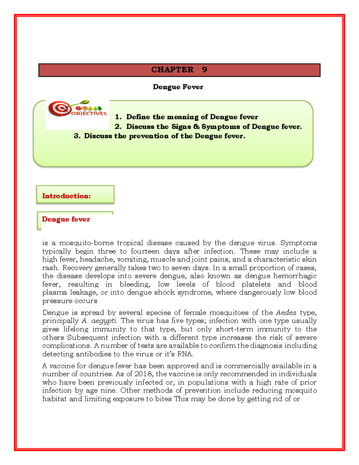 Chapter 9 Dengue Fever 1 Chapter 9 Dengue Fever 1 Define The Meaning Of Dengue Fever 2