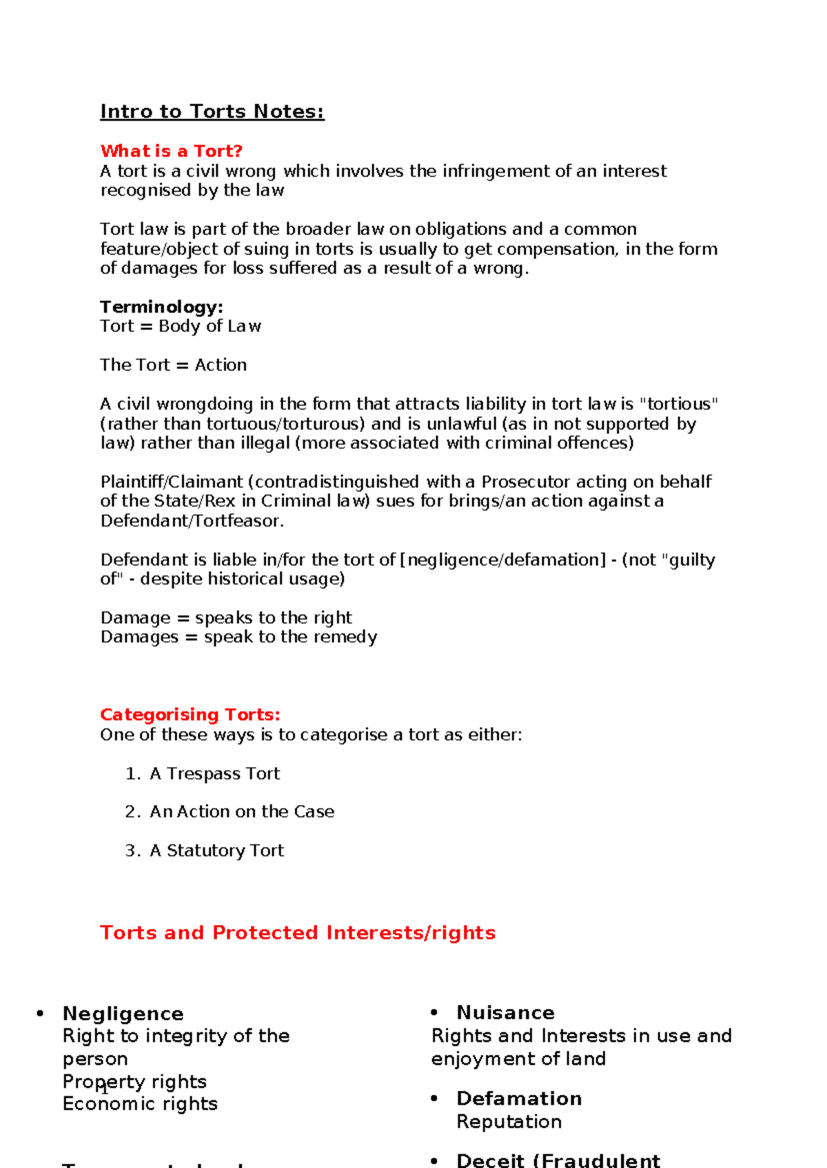 Intro to Torts Notes - LLB - Intro to Torts Notes: What is a Tort? A ...