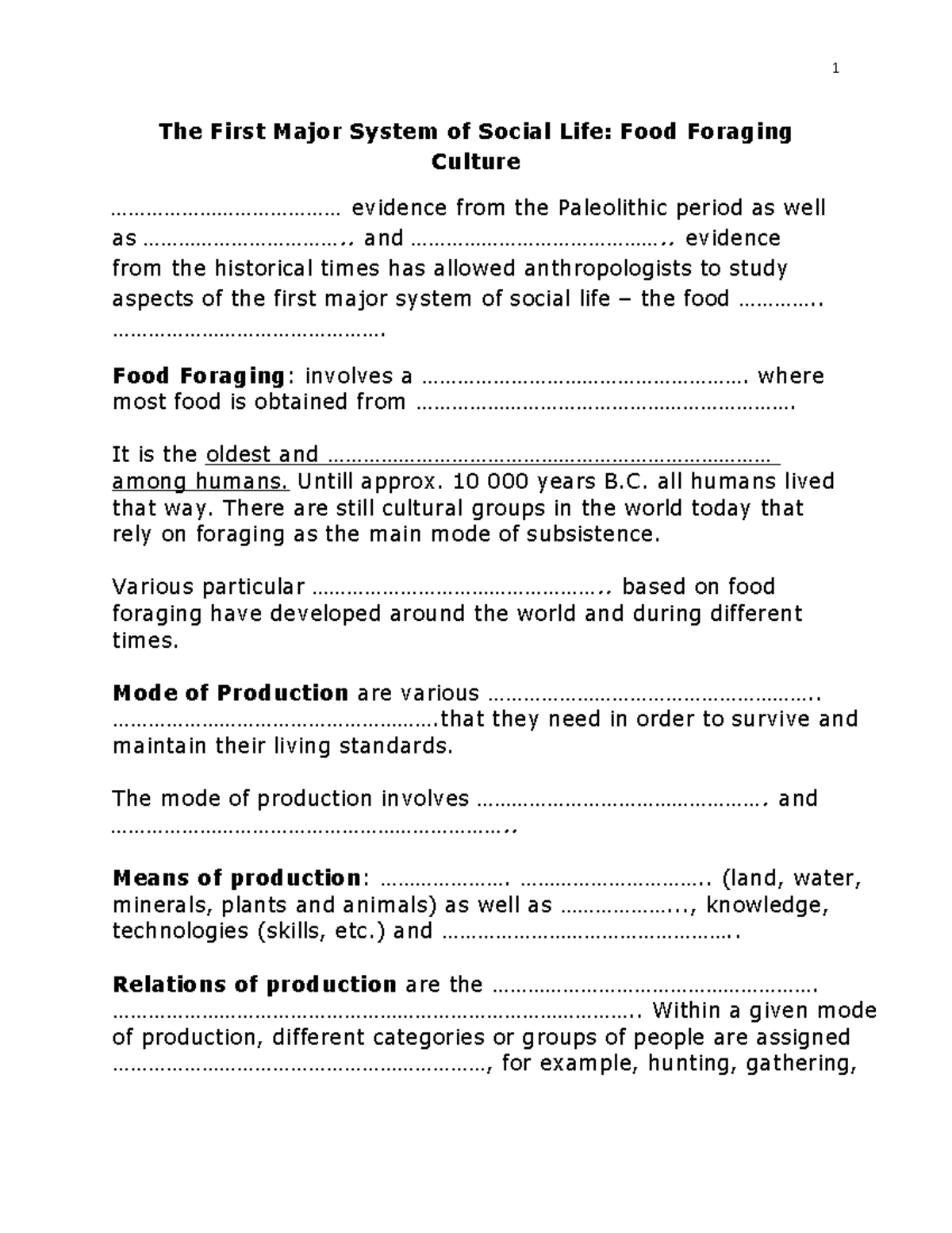 Class 3 - Food Foraging Mode Of Subsistence - The First Major System of ...