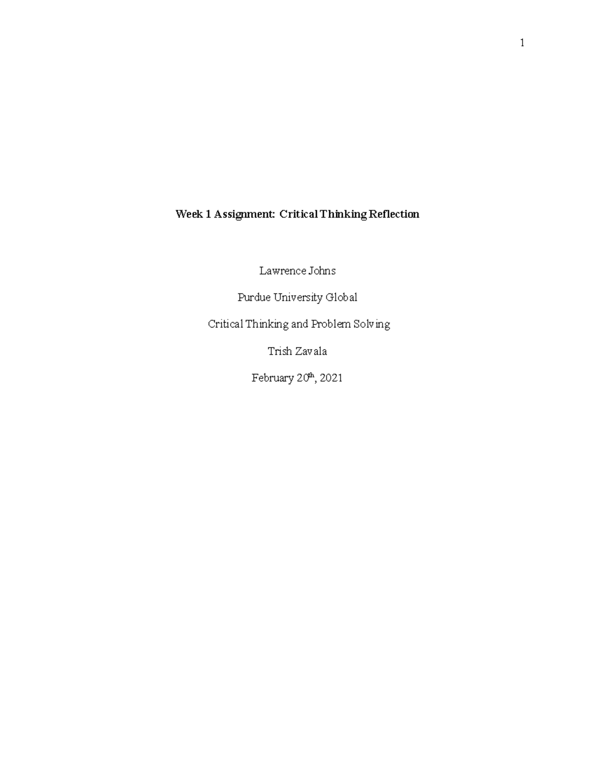 Critical Thinking Reflection - Week 1 Assignment: Critical Thinking ...