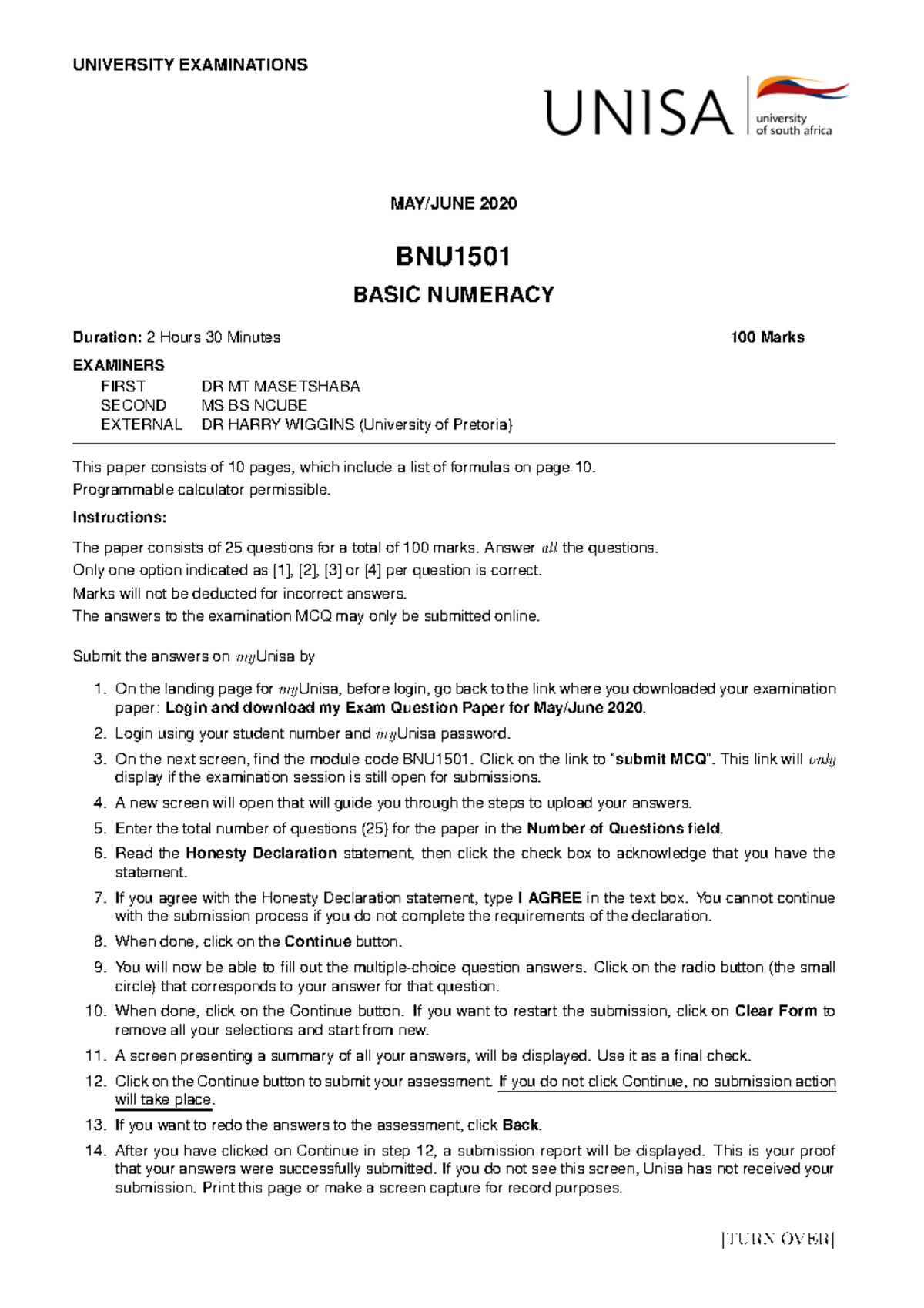 BNU1501 - Study guide - mm UNIVERSITY EXAMINATIONS mm MAY/JUNE 2020 BNU ...