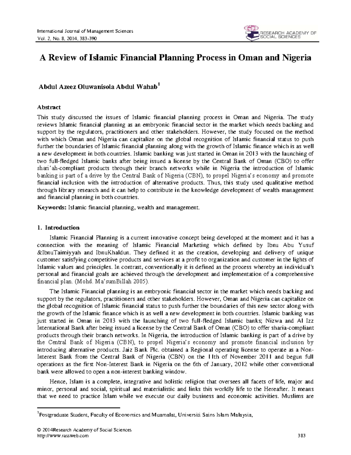 A Review of Islamic Financial Planning P - © 2014Research Academy of ...