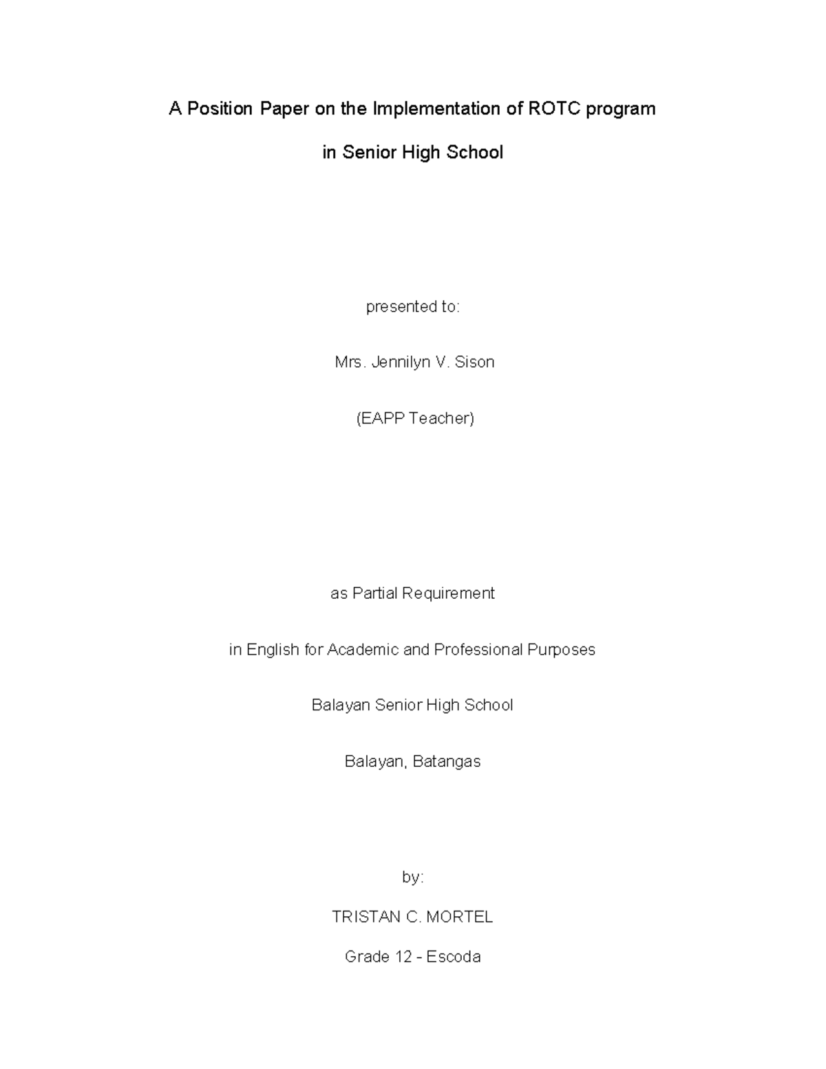 A Position Paper on the Implementation of ROTC program - Jennilyn V ...