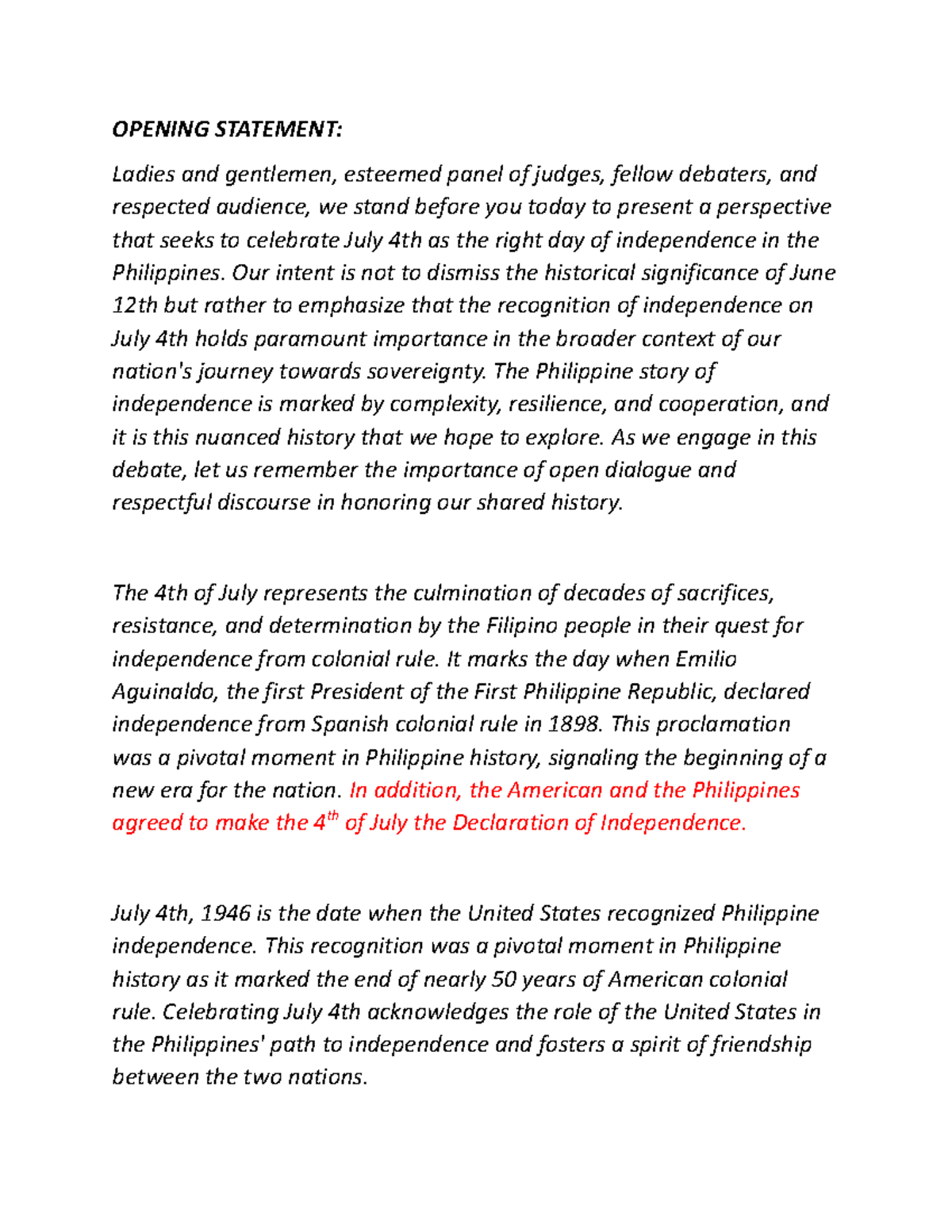 Debate Opening and Closing Statement (July 04) Independence day ...