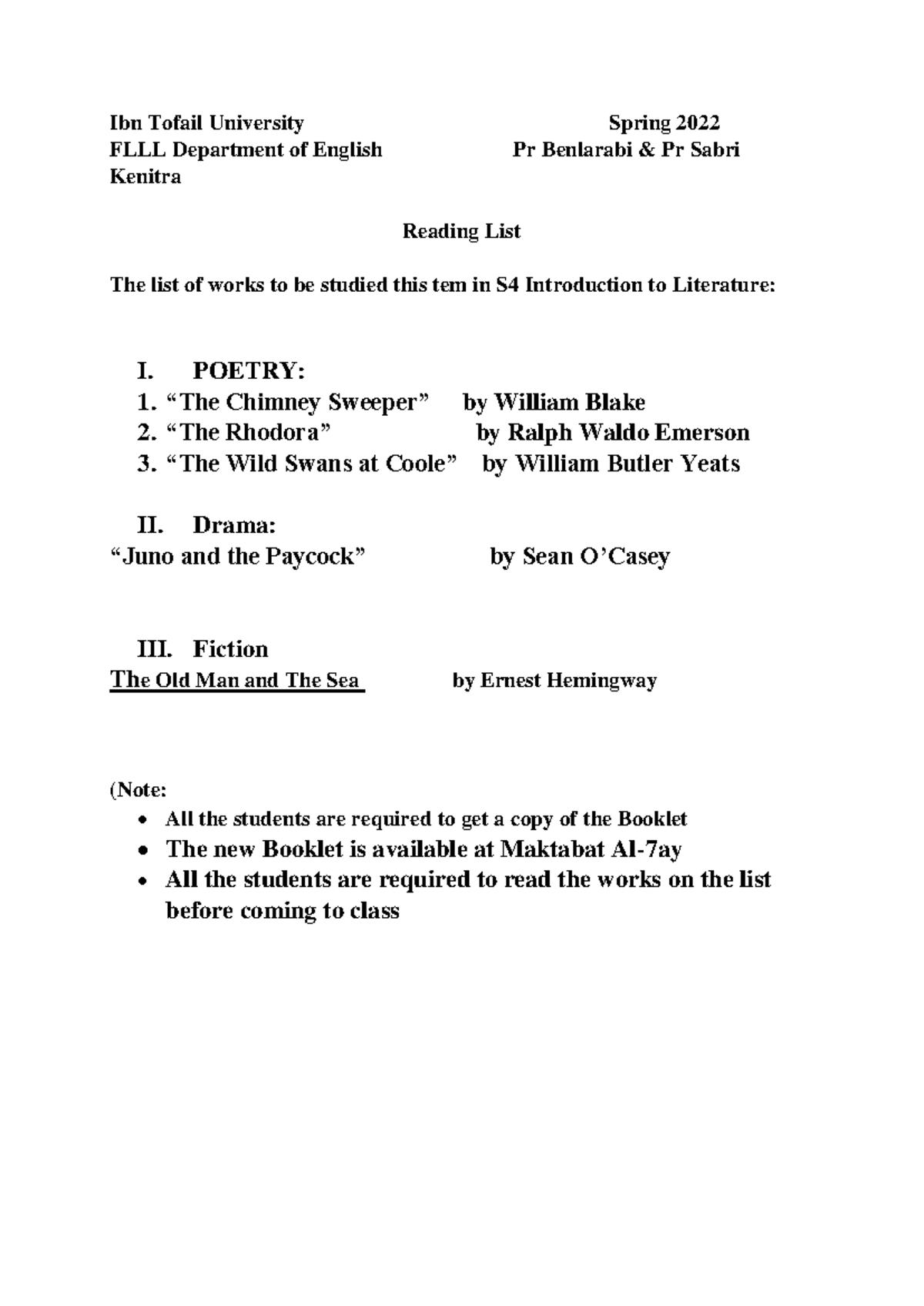 S4 Intro To Lit Spring 2022 Reading list - Ibn Tofail University Spring ...