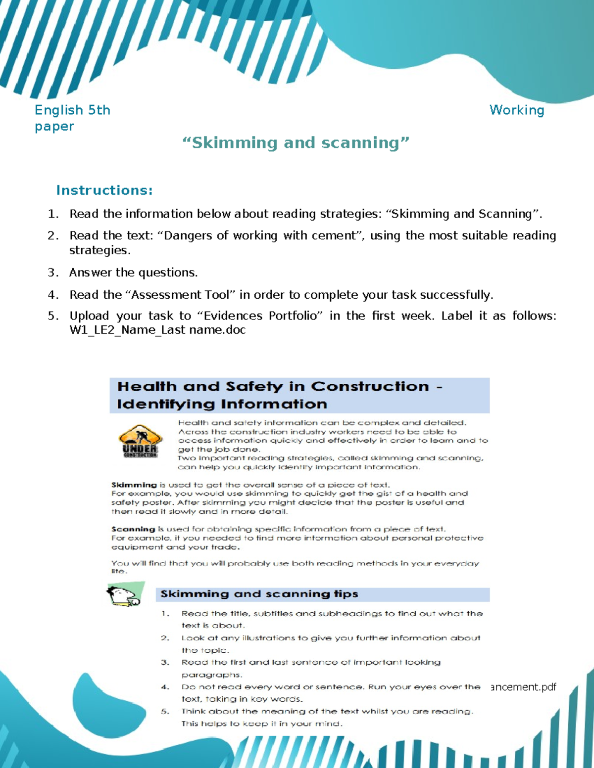 Skimming and scanning - English 5th Working paper “Skimming and ...
