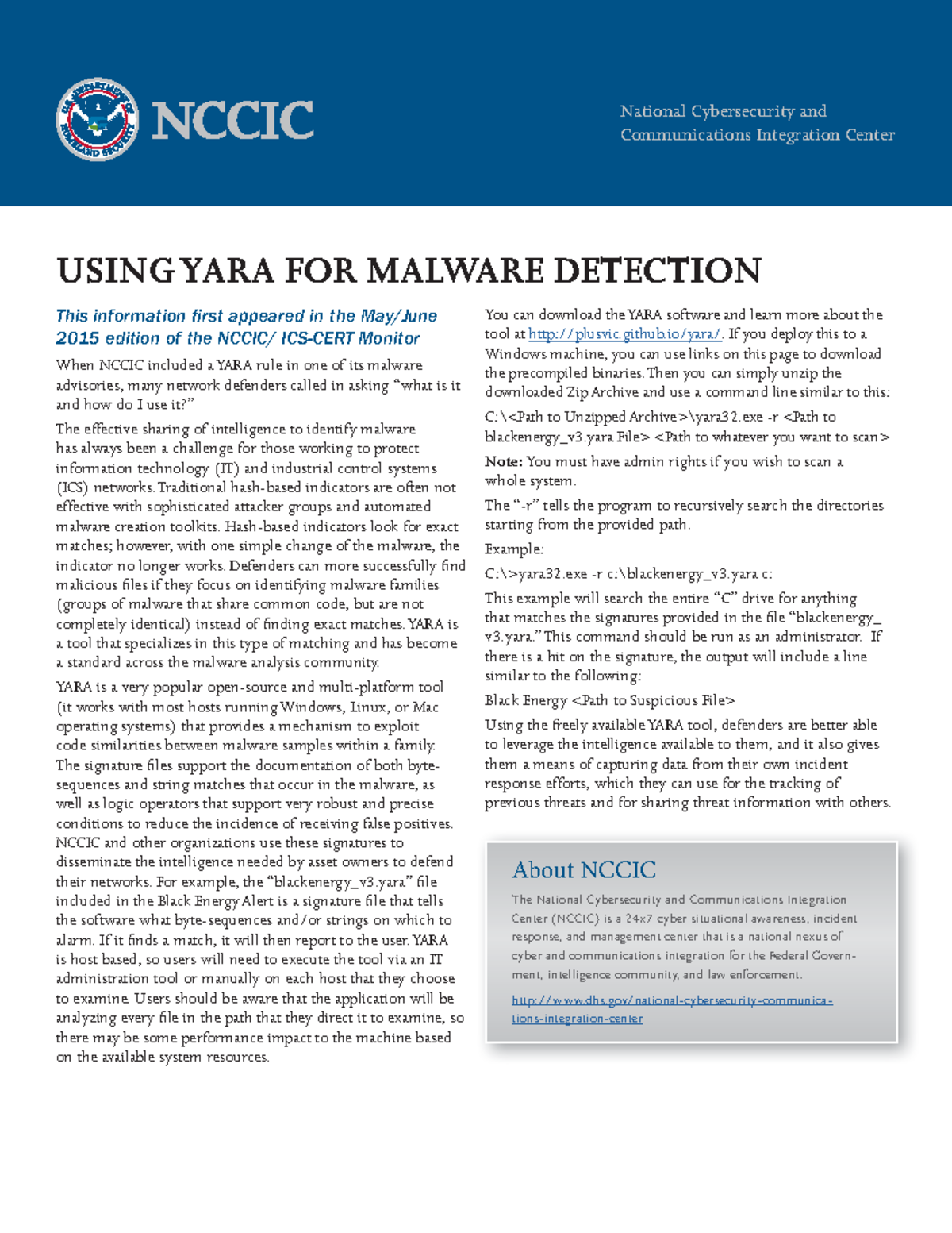 Yara Security forensics - National Cybersecurity and Communications ...