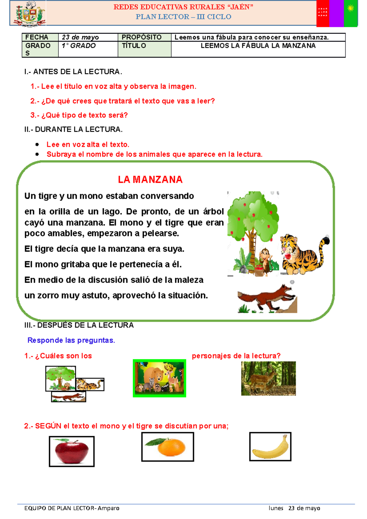 III-1G-PLAN Lector - Fábula - Ficha - FECHA 23 de mayo PROPÓSITO Leemos ...