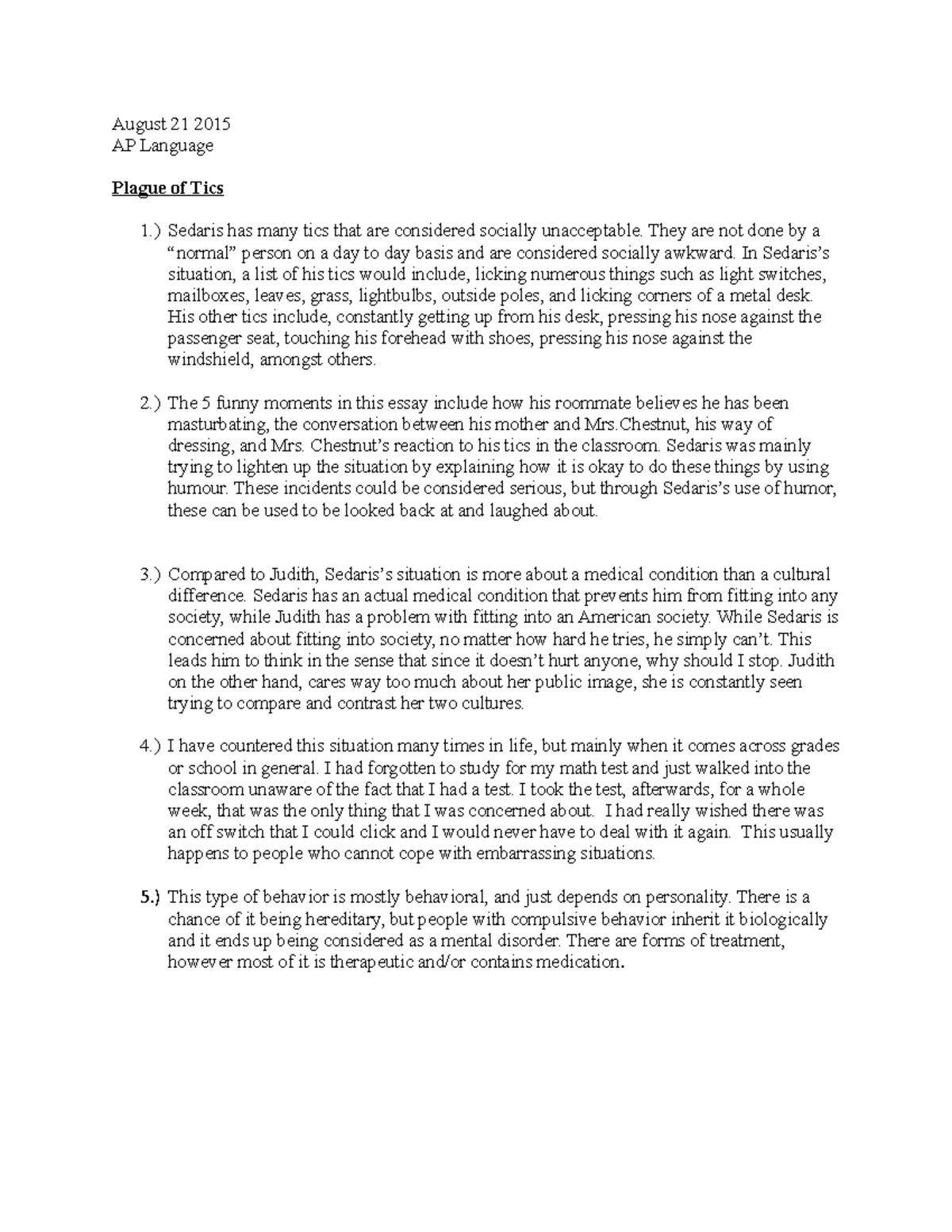 Plague of Tics - English assignment - August 21 2015 AP Language Plague ...