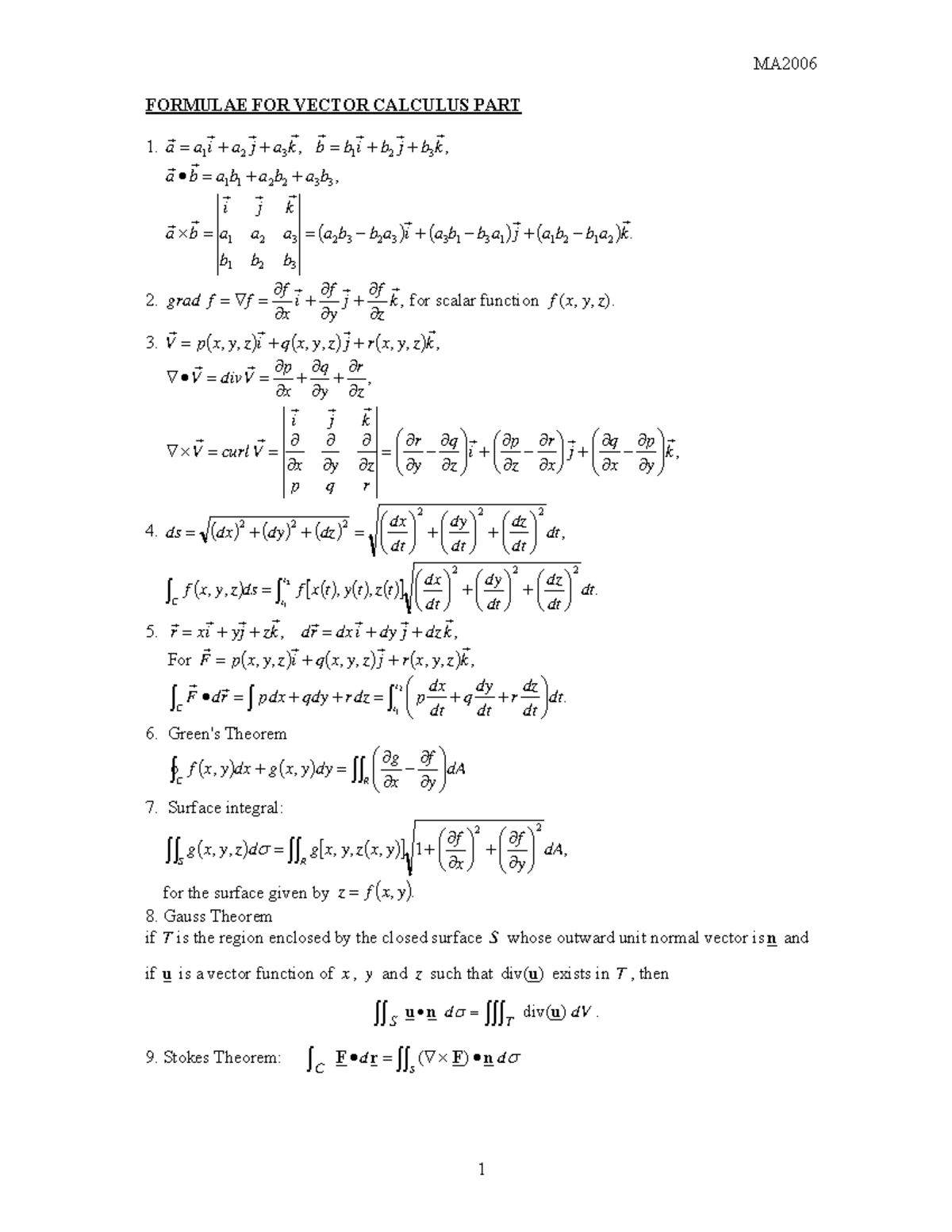 Eng Math Formula - MA 1 FORMULAE FOR VECTOR CALCULUS PART 321321 ...