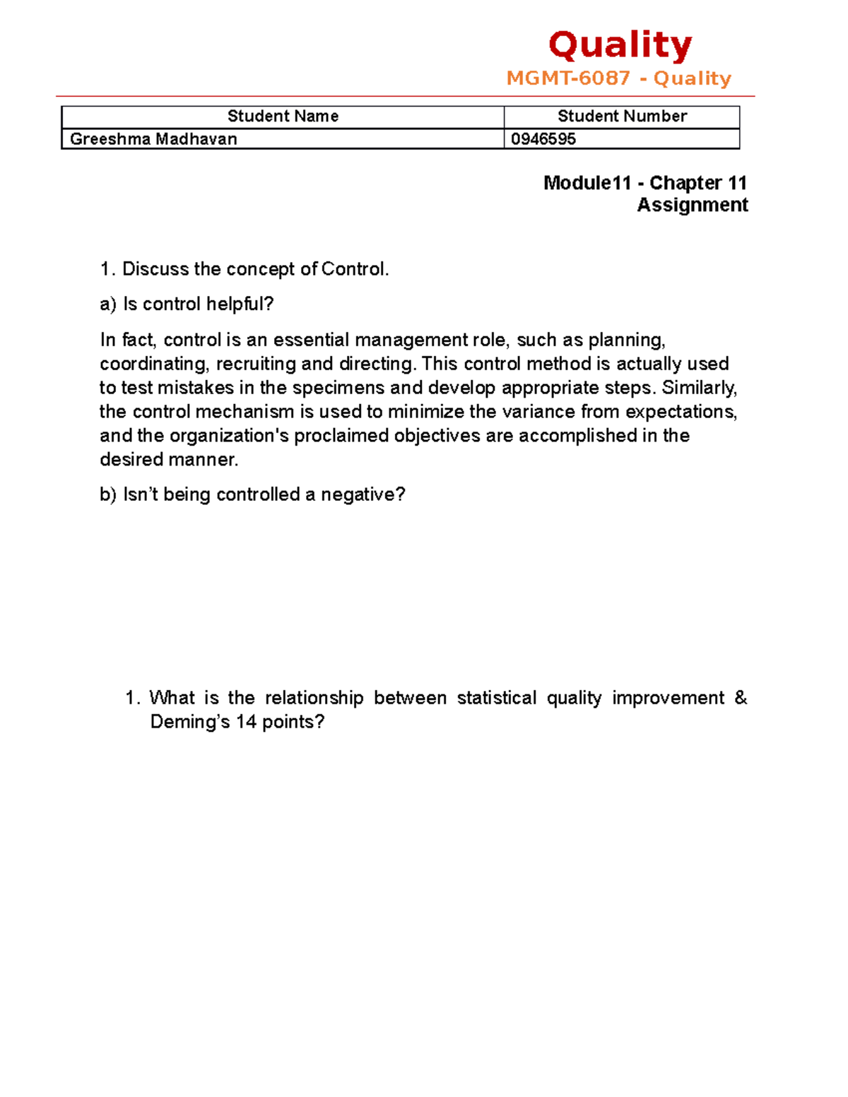 Chapter 11 - Statistical Based Quality Control - Quality Student Name ...