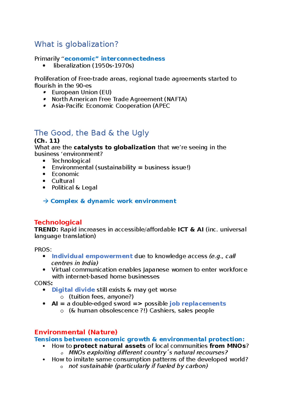 Lecture 1 notes - What is globalization? Primarily “economic ...