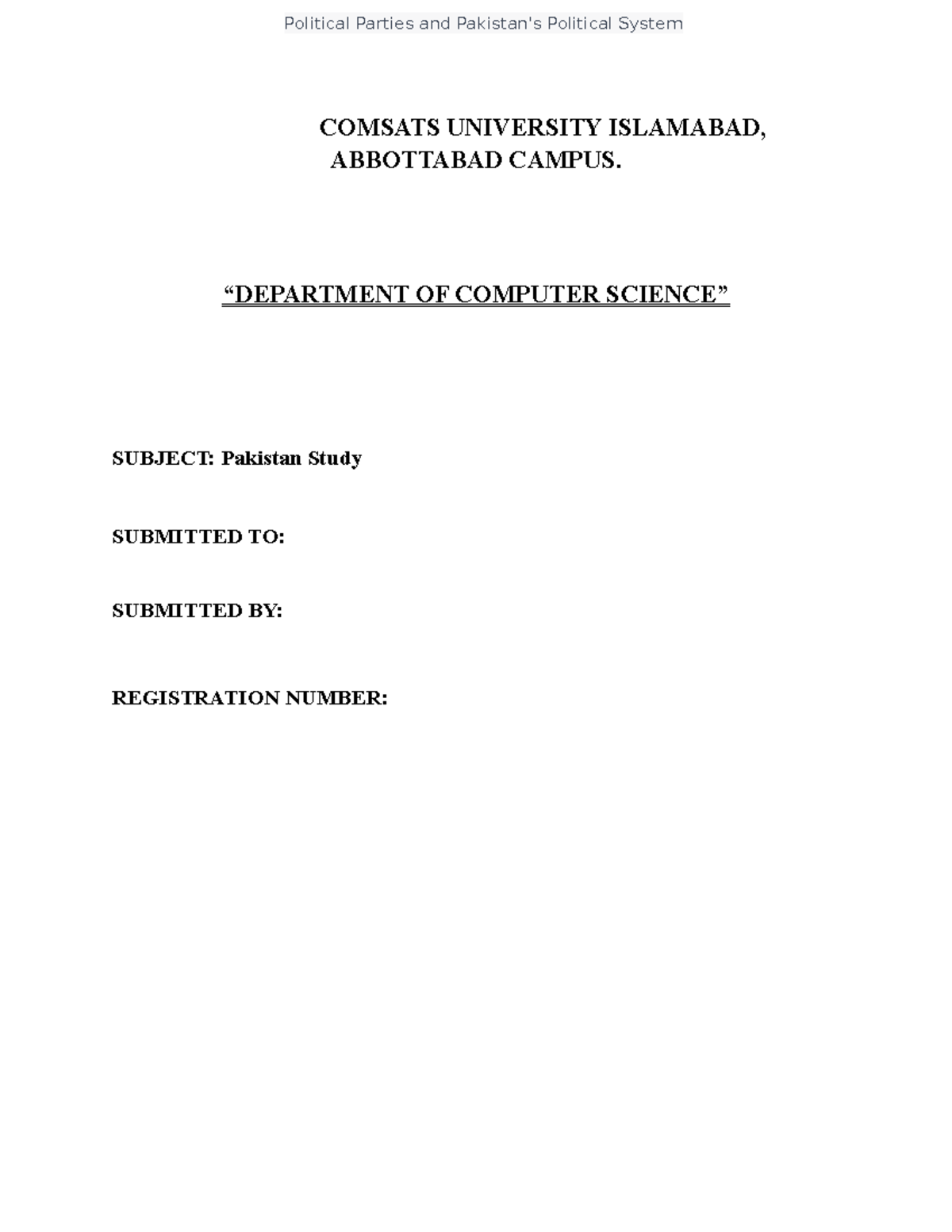 pakistan studies - COMSATS UNIVERSITY ISLAMABAD, ABBOTTABAD CAMPUS. “DEPARTMENT OF COMPUTER ...