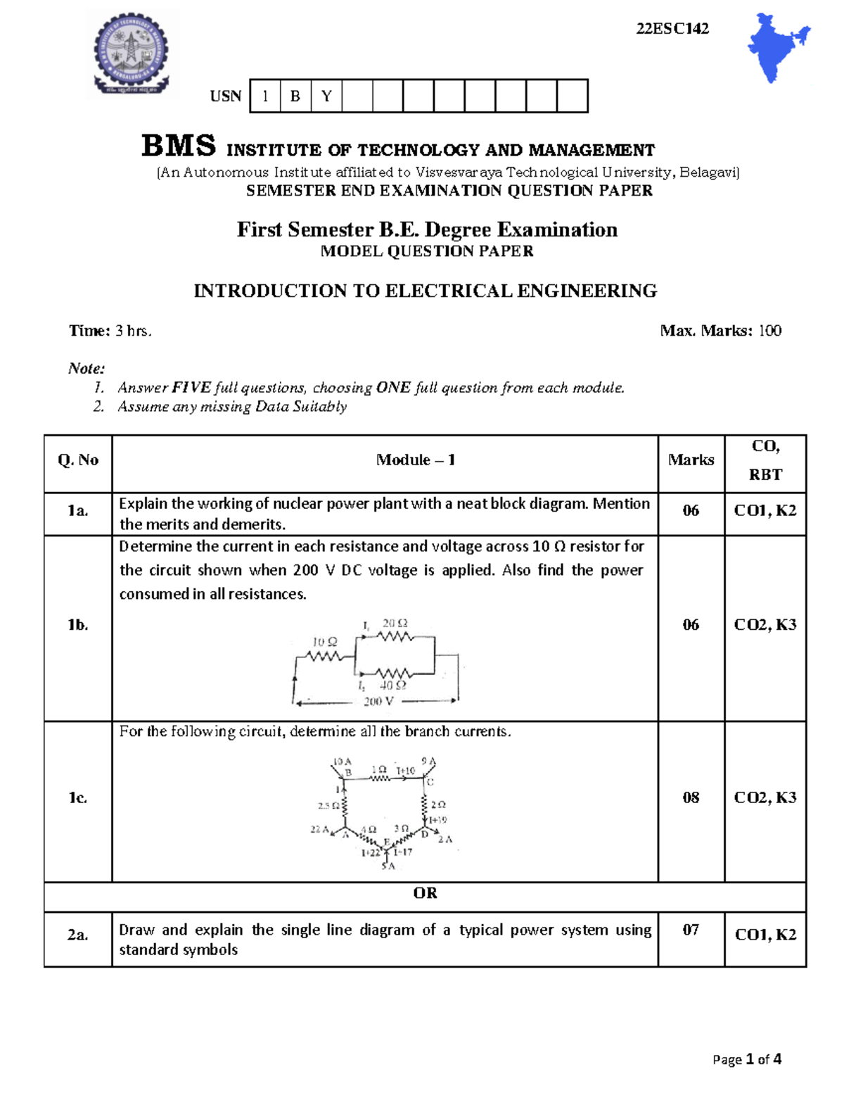22ESC142 - Model Question Paper - USN 1 B Y BMS INSTITUTE OF TECHNOLOGY AND MANAGEMENT (An - Studocu