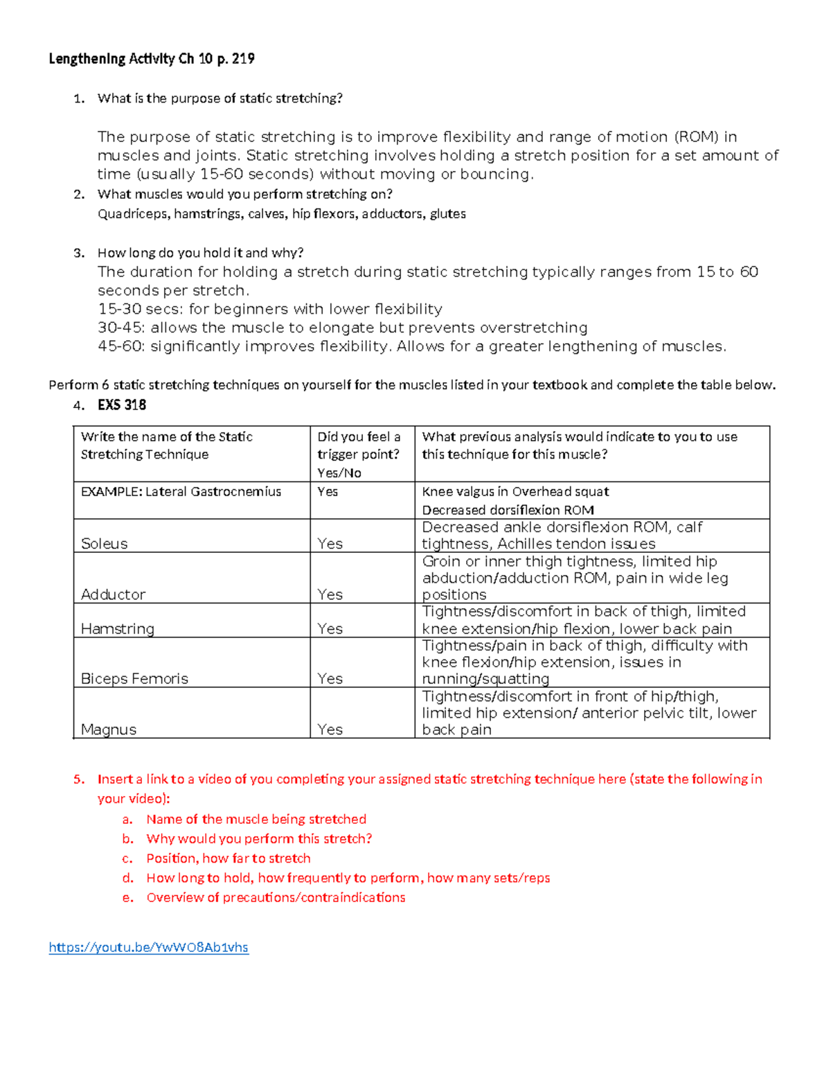 EXS 318 - Activity - Lengthening Techniques - Lengthening Activity Ch ...