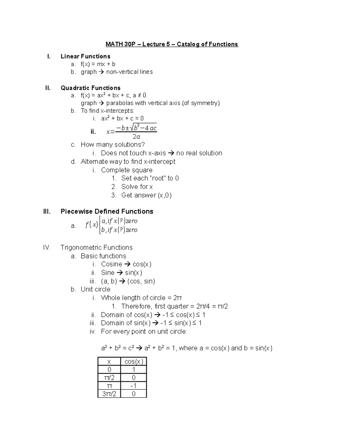 MATH 30P - Lecture 5 - Catalog of Functions - Linear Functions a. f(x ...