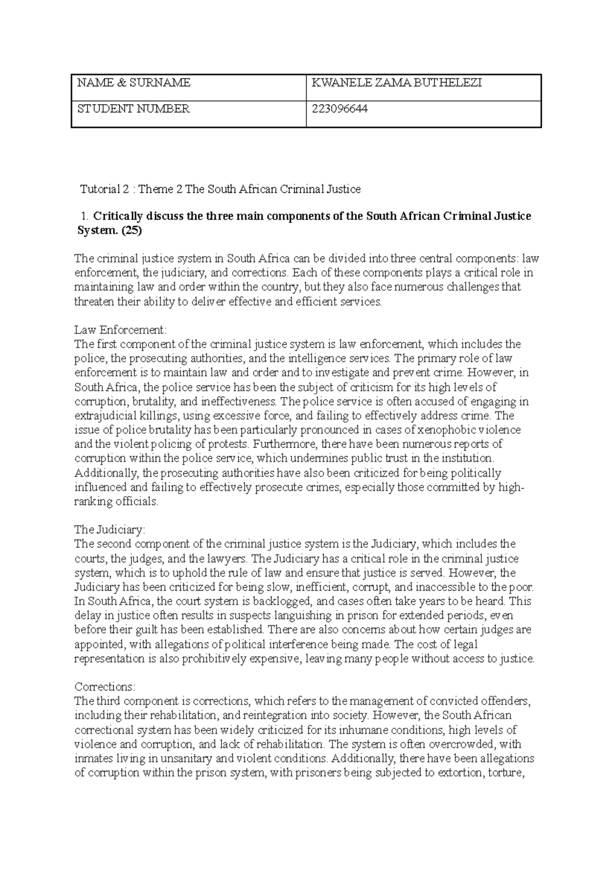 Crime - NAME & SURNAME KWANELE ZAMA BUTHELEZI STUDENT NUMBER 223096644 ...