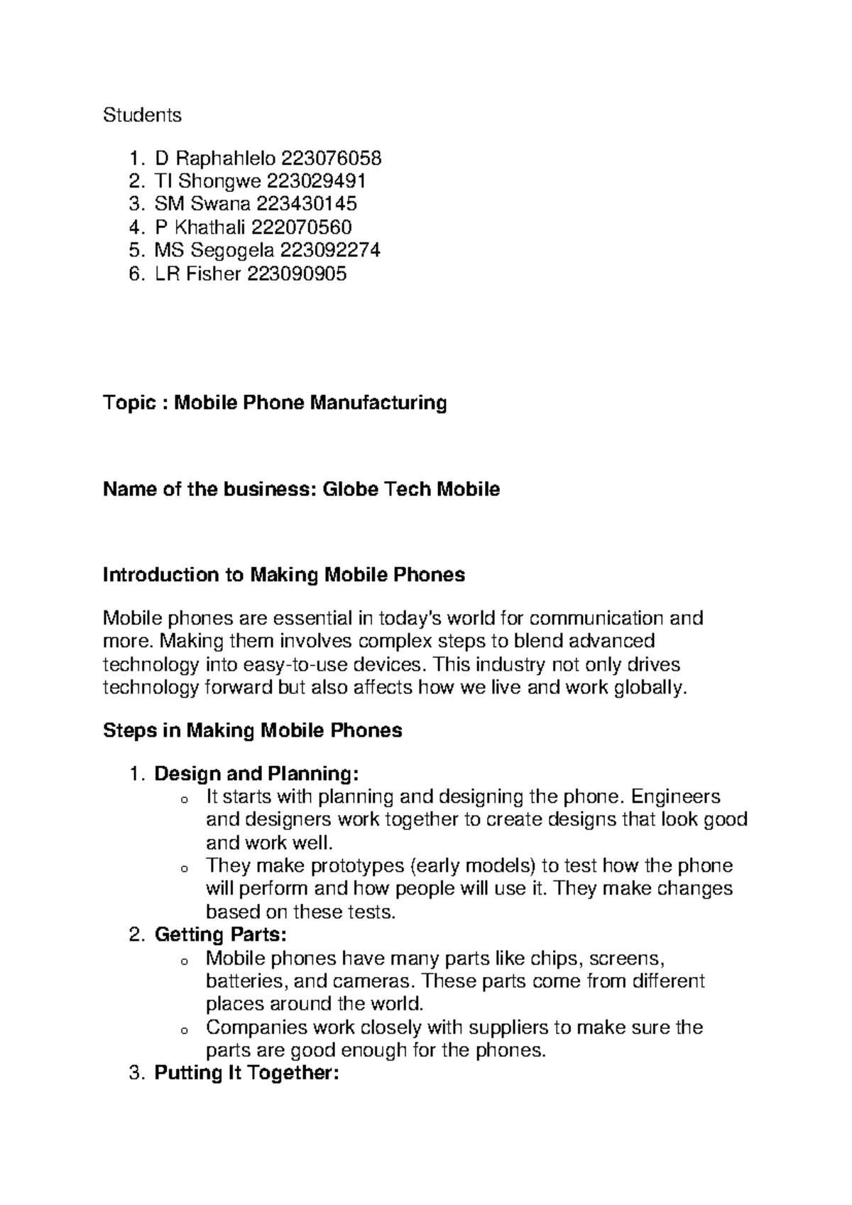 BA Theory Globe TECH Mobile Assignment - Students 1. D Raphahlelo 223076058 2. TI Shongwe ...