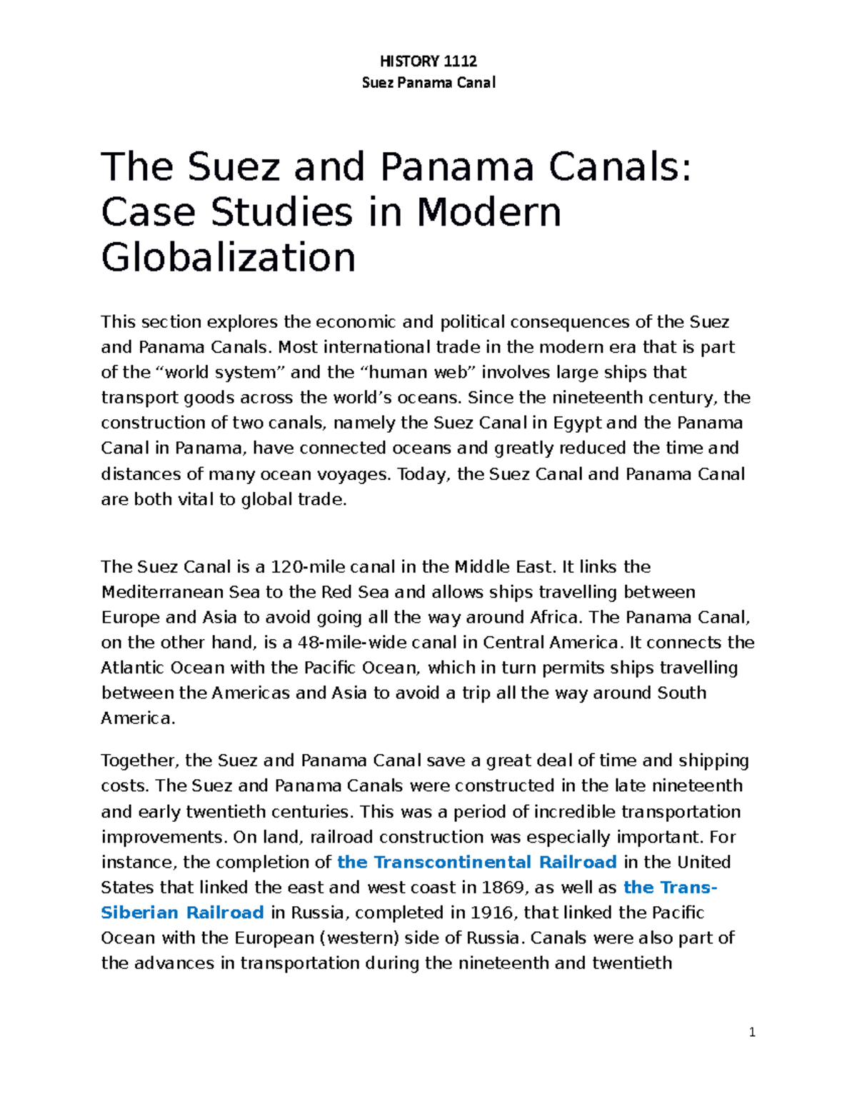 HIST 1112 - Suez Panama Canal - Suez Panama Canal The Suez and Panama ...