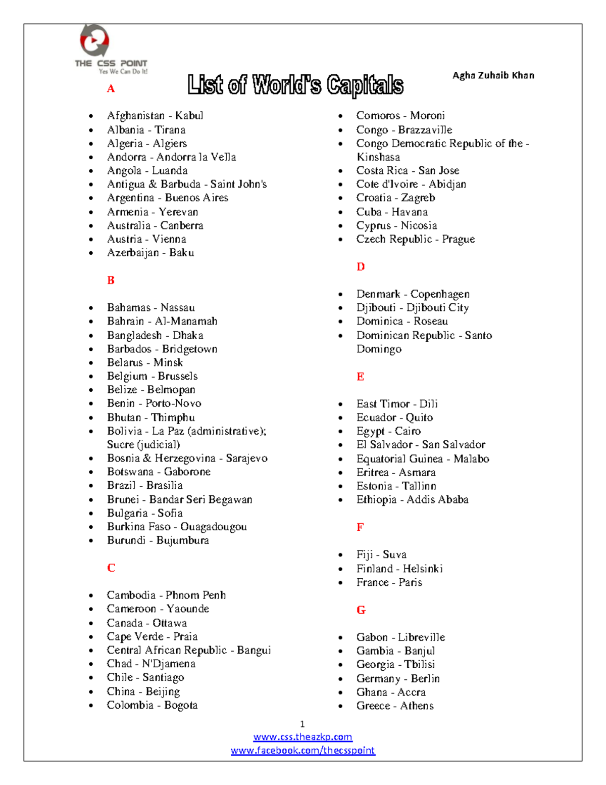 List of World's Capitals - 1 css.theazkp A Afghanistan - Kabul Albania ...