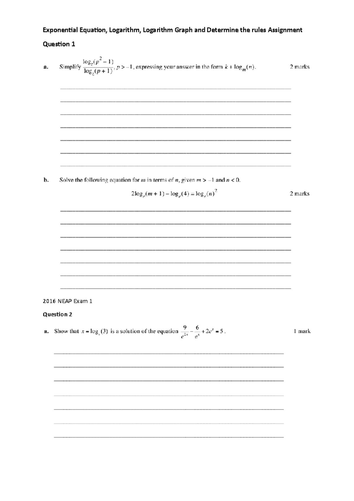 12MAM T1W5 - Exponential Equation and Log Assignment - Exponential Equation, Logarithm ...