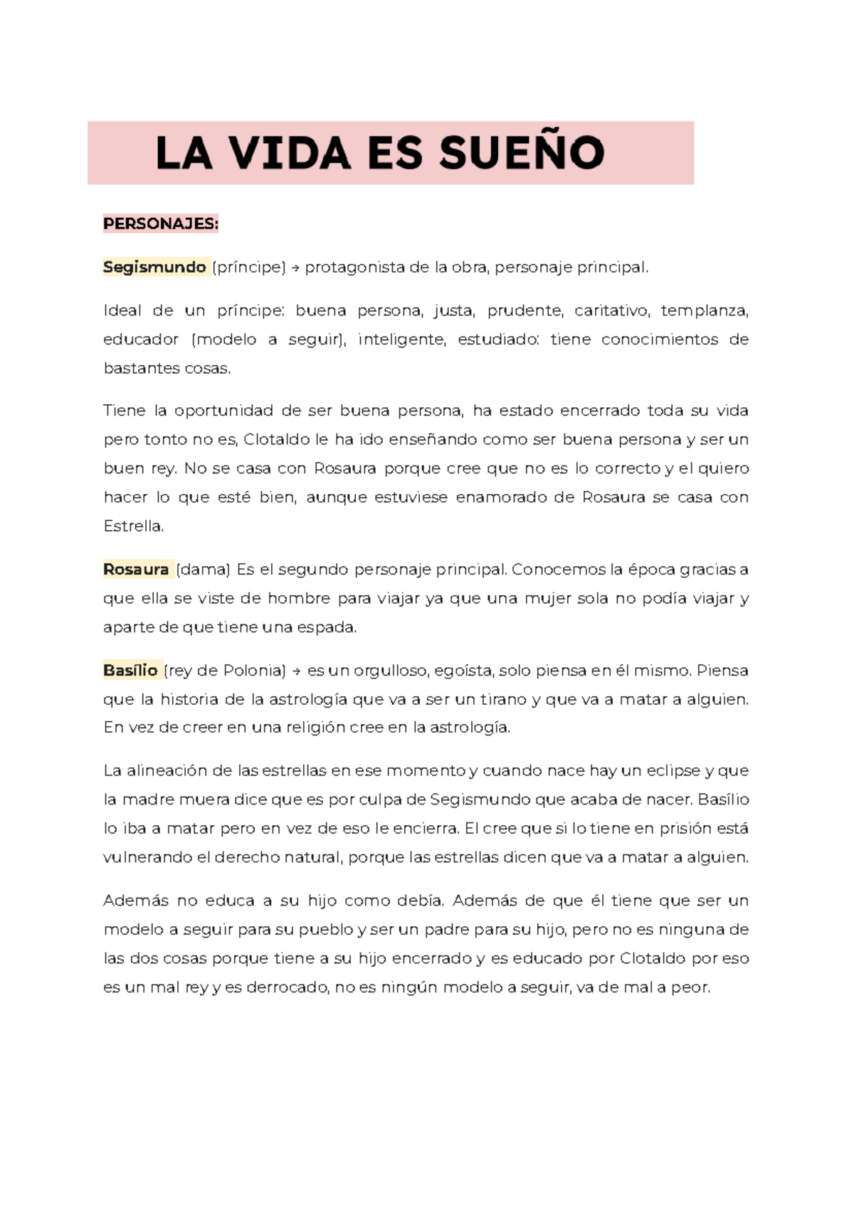 La vida es sueño - PERSONAJES: Segismundo (príncipe) → protagonista de ...