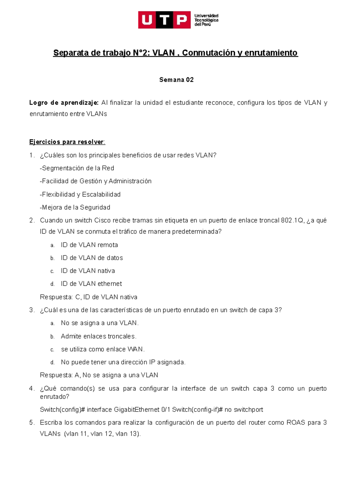 S02 s1 Ejercicios Tipos de Vlans y enrutamiento - Separata de trabajo N°2: VLAN , Conmutación y ...