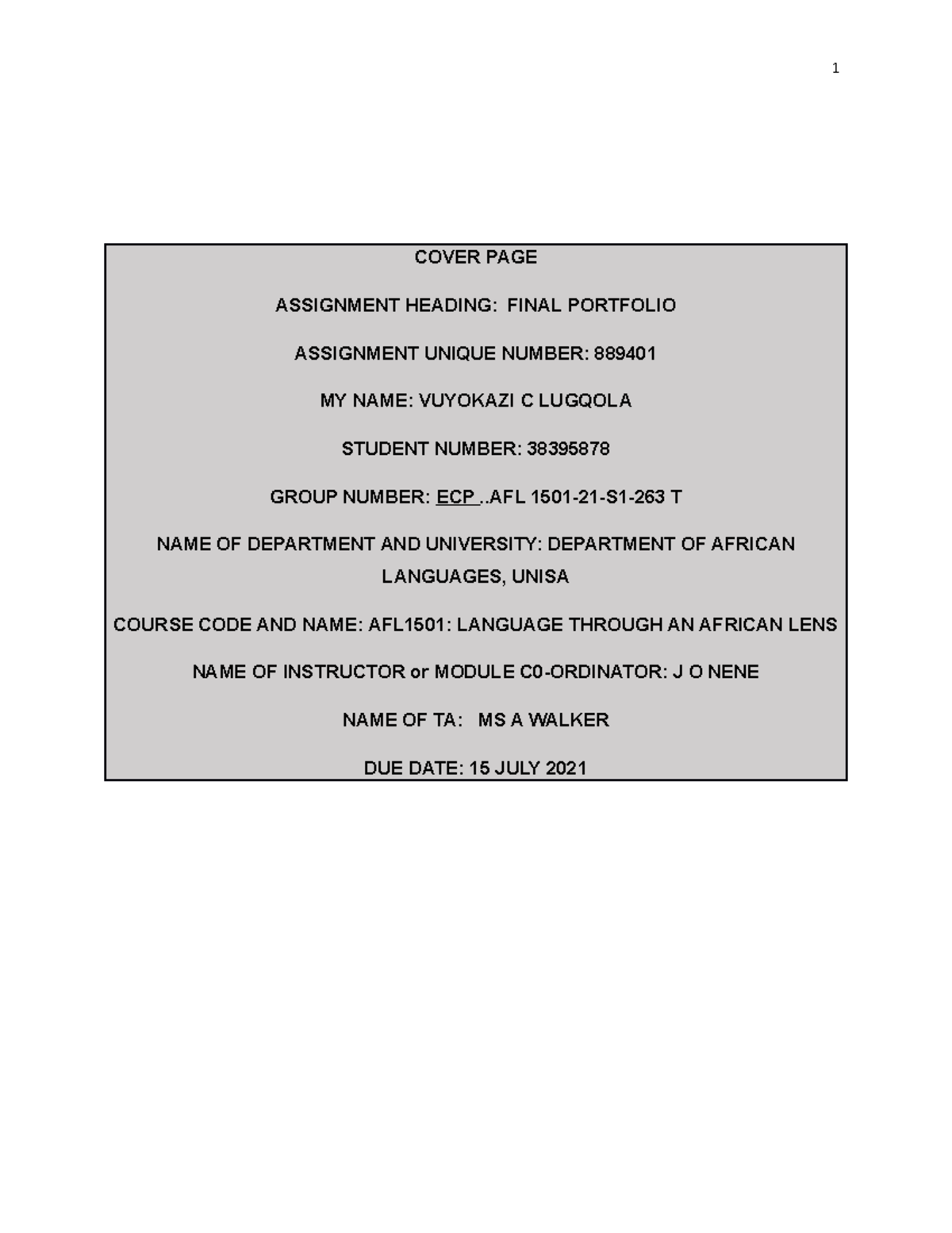 AFL 1501, Final Portfolio, JULY 2021 - COVER PAGE ASSIGNMENT HEADING ...