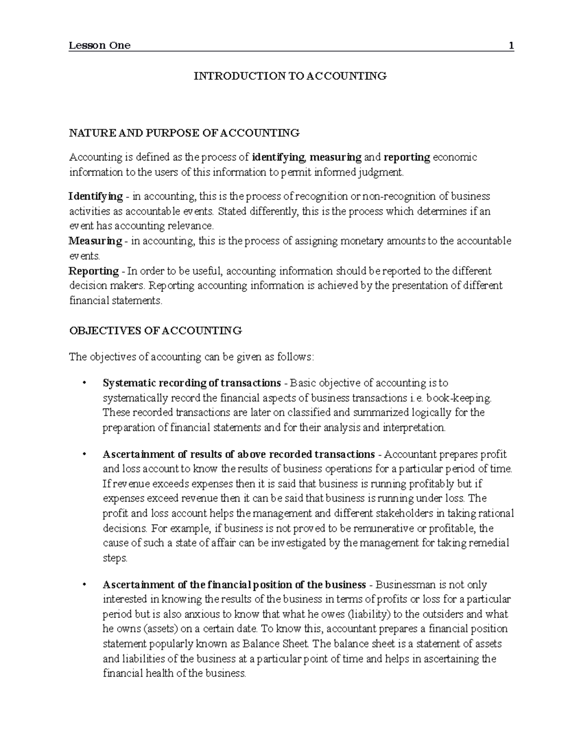 Lesson one accounts - intro - Lesson One 1 INTRODUCTION TO ACCOUNTING ...