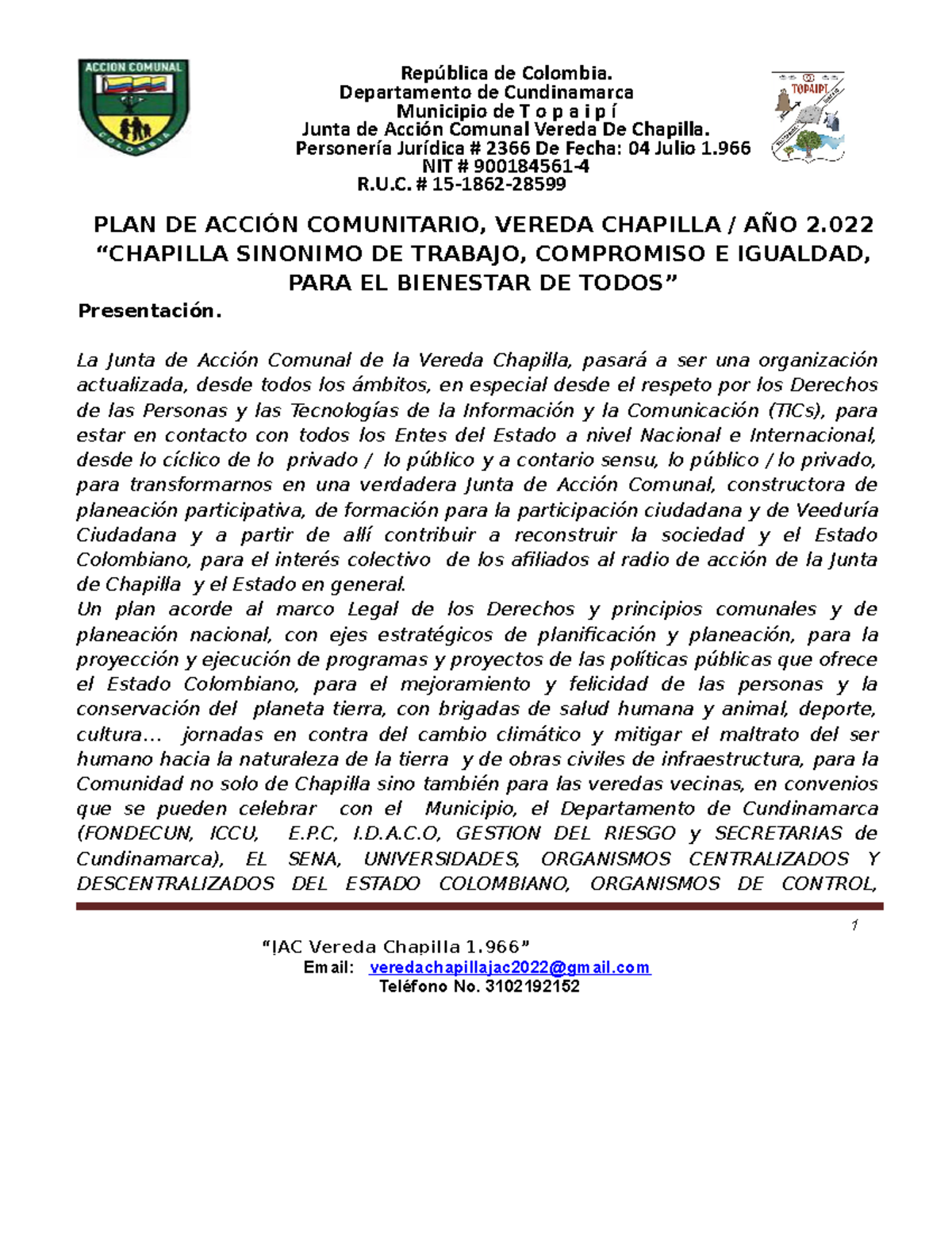 PLAN DE Accion Comunal JAC Chapilla 2022 - Departamento de Cundinamarca Municipio de T o p a i p ...