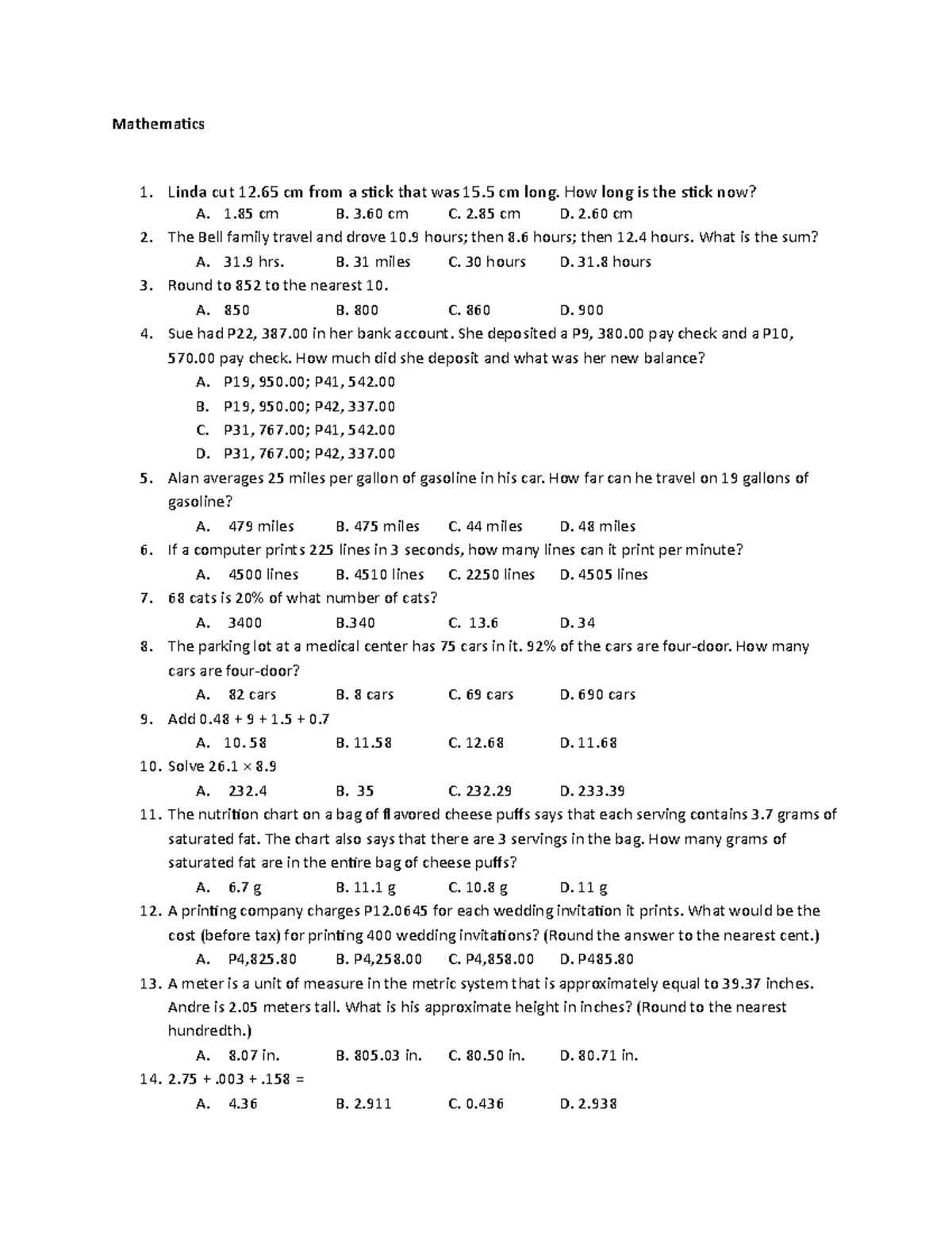 Mathematics - Try to answer the questionnaire. have fun! - Mathematics ...
