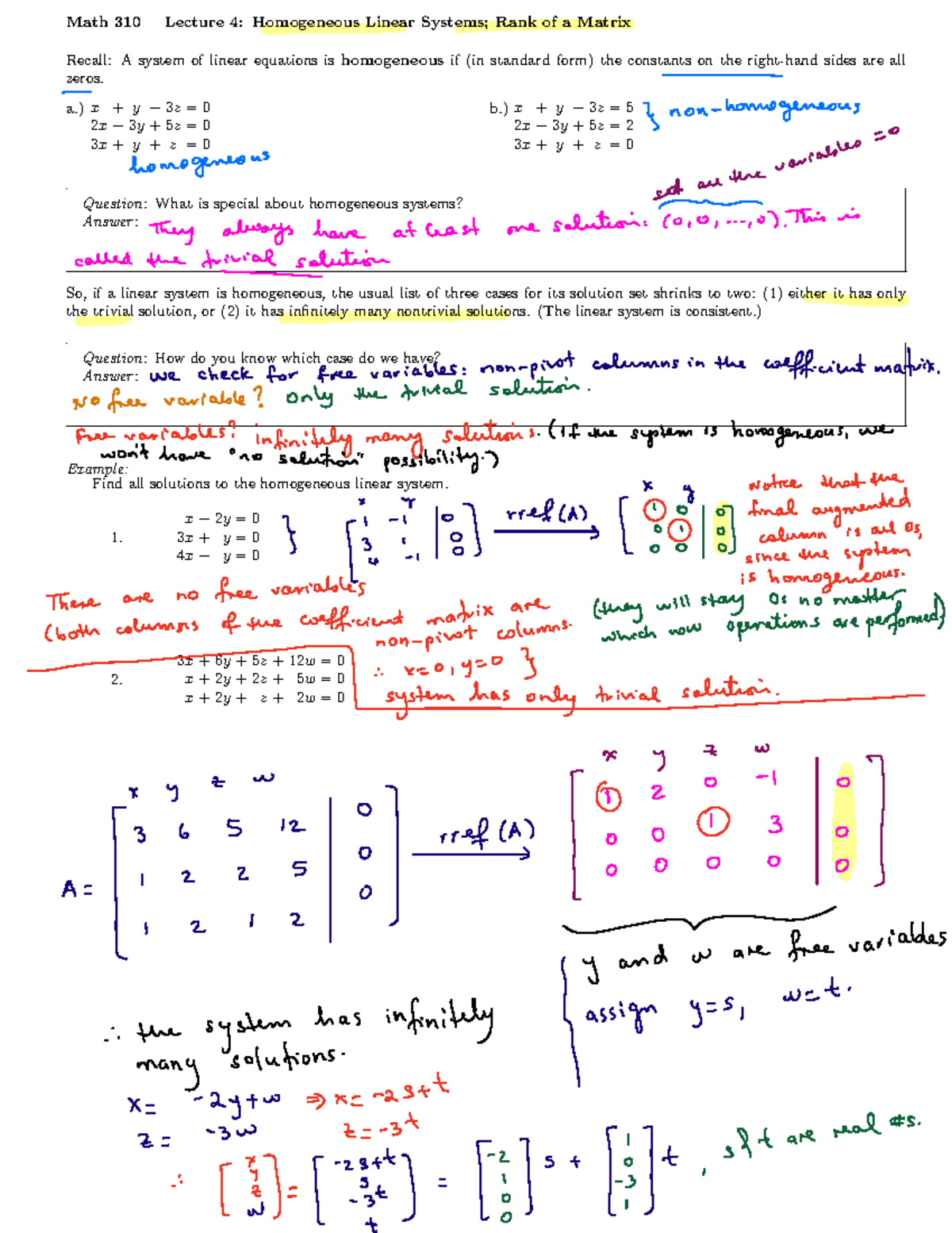Math 310 Lecture 4 Solution - Math 310 Lecture 4: Homogeneous Linear Systems; Rank of a Matrix ...