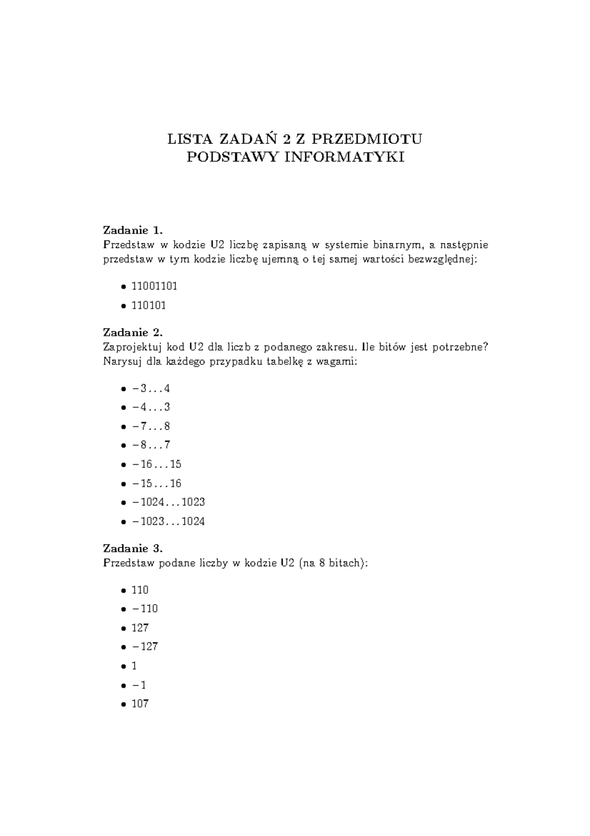 Zadania 2 Podstawy informatyki - LISTA ZADAŃ 2 Z PRZEDMIOTU PODSTAWY ...
