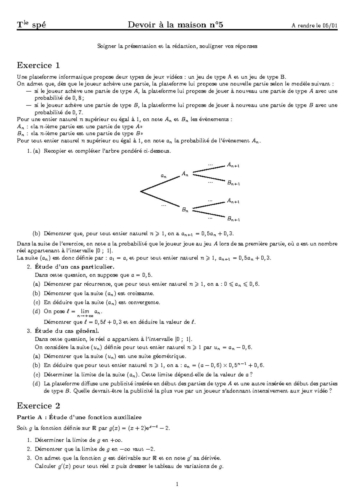 Maths Spe exercices d'entrainement - Tle spé Devoir à la maison n°5 A ...