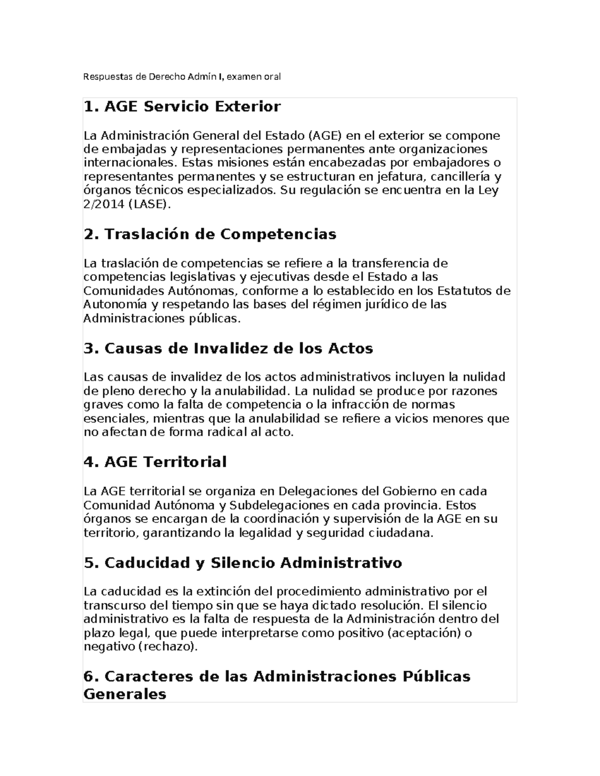 Preguntas y respuestas de Derecho Administrativo I - Respuestas de Derecho Admin I, examen oral ...