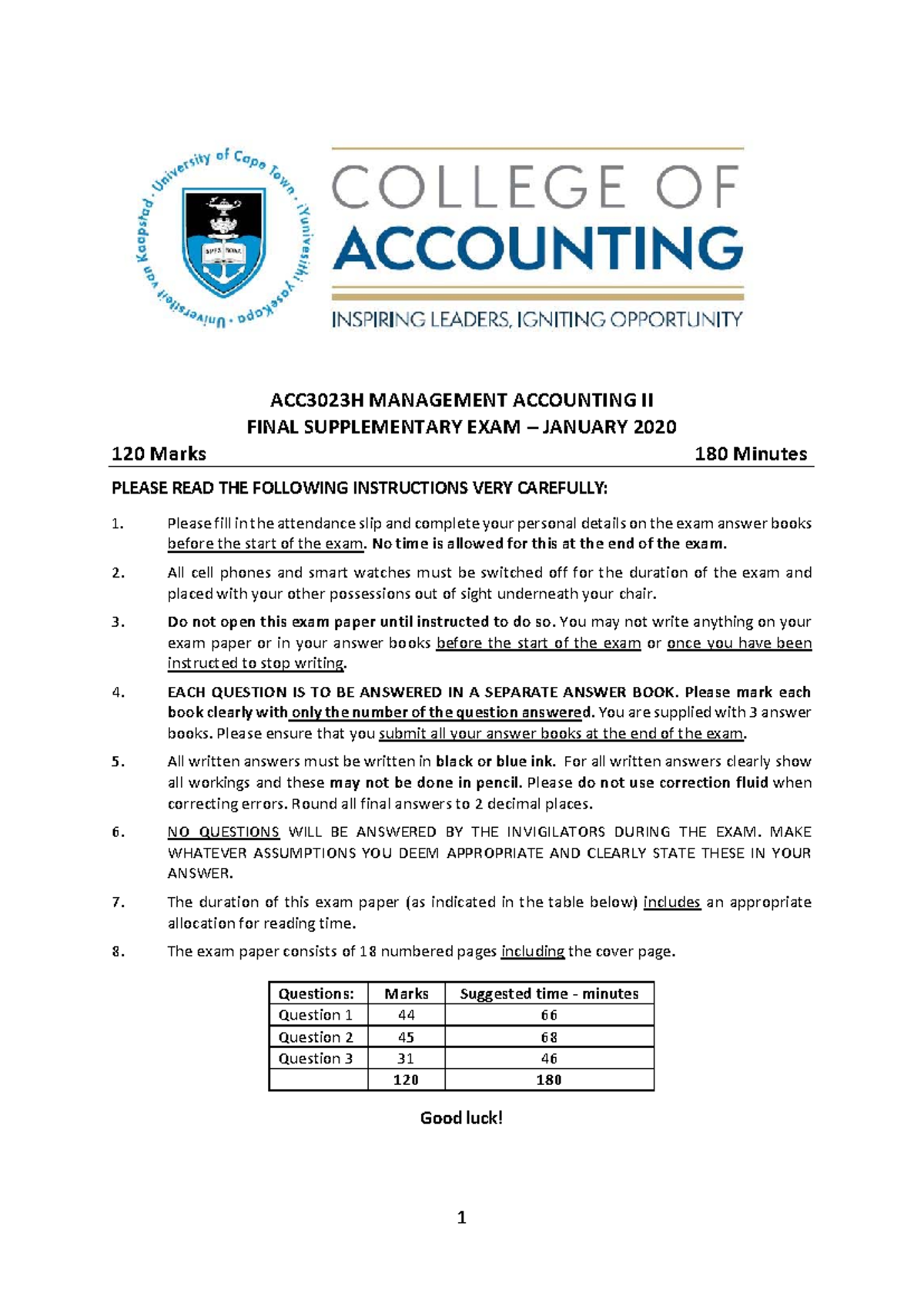 Management Accounting II 2019 Final Supp Scenario v F - ACC3023H ...