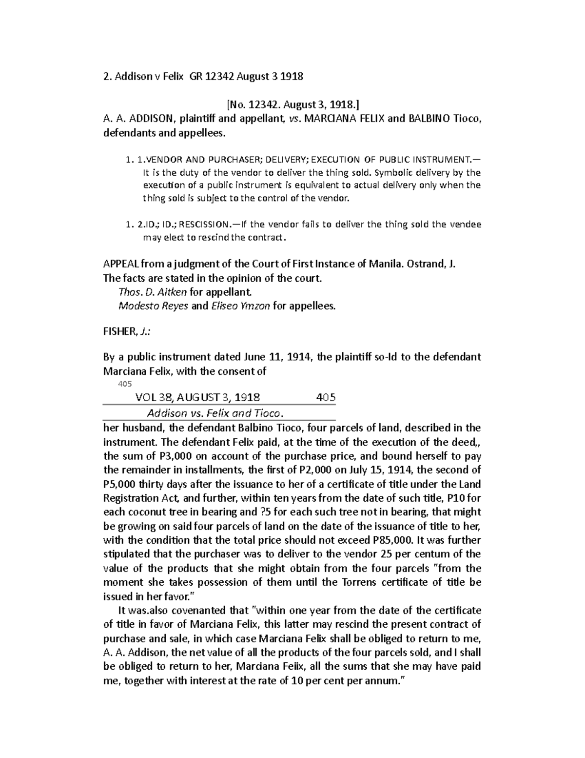 2. Addison v Felix GR 12342 August 3 1918 - Addison v Felix GR 12342 ...