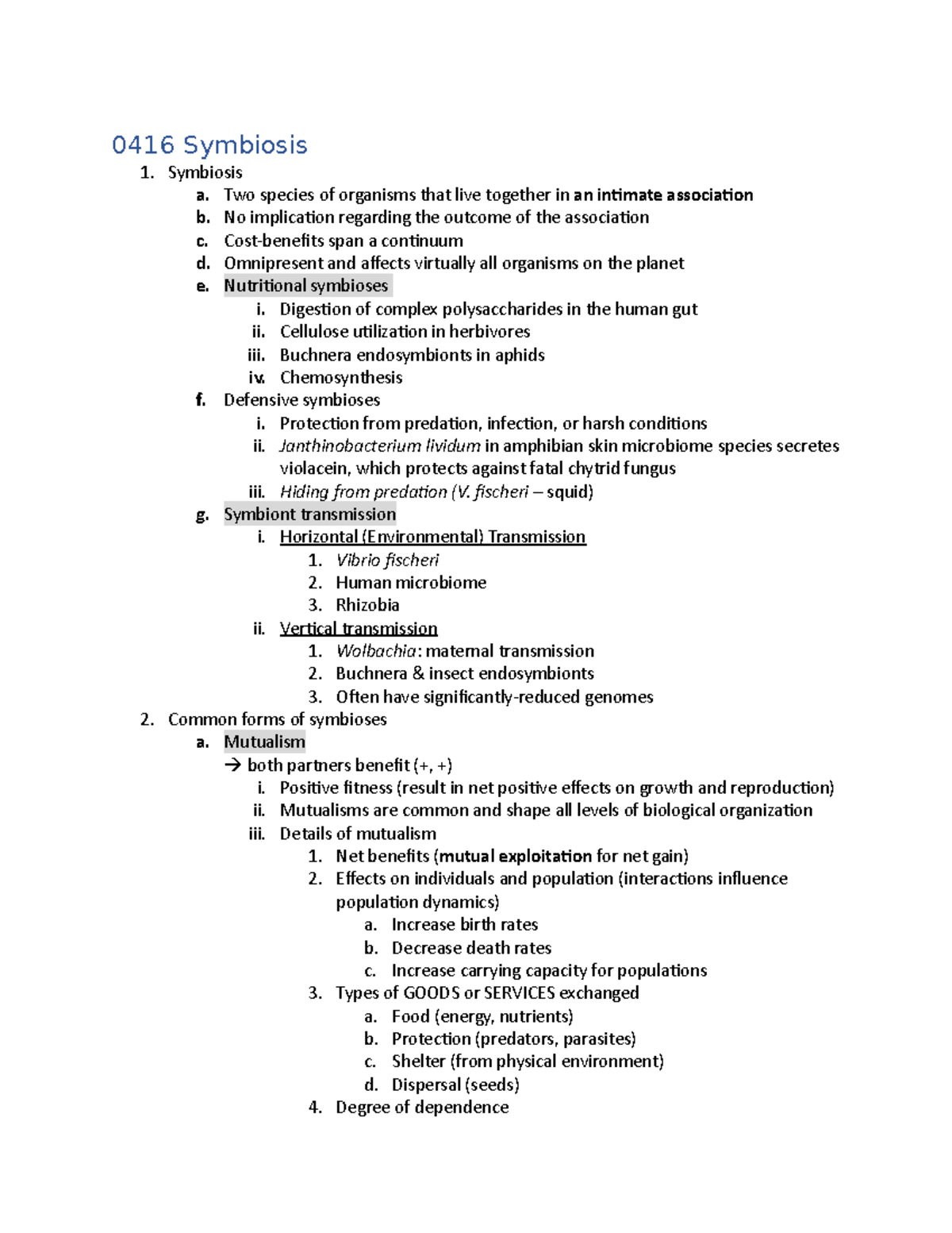 0416 Symbiosis - lecture notes - 0416 Symbiosis Symbiosis a. Two ...