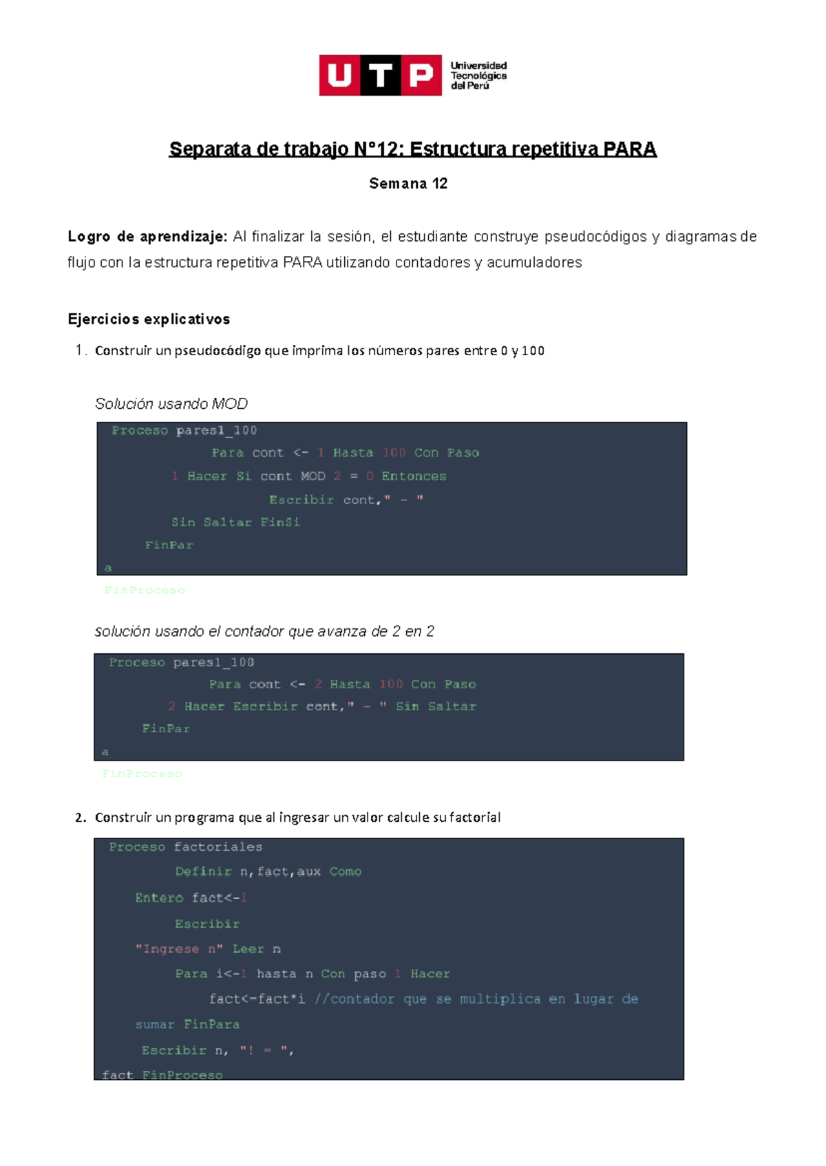 S12.s1 - Estructura repetitiva PARA - Principios de algoritmos - Separata de trabajo N°12: - Studocu