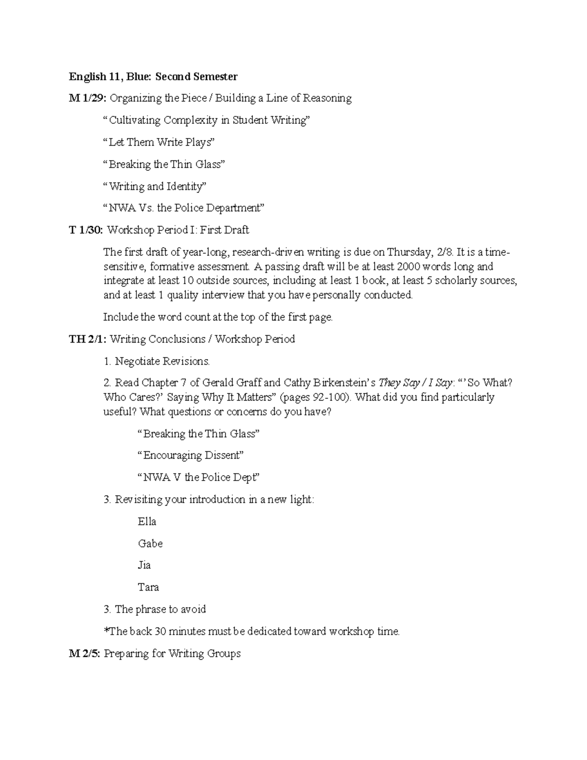 Second Semester Blue - English 11, Blue: Second Semester M 1/29 ...