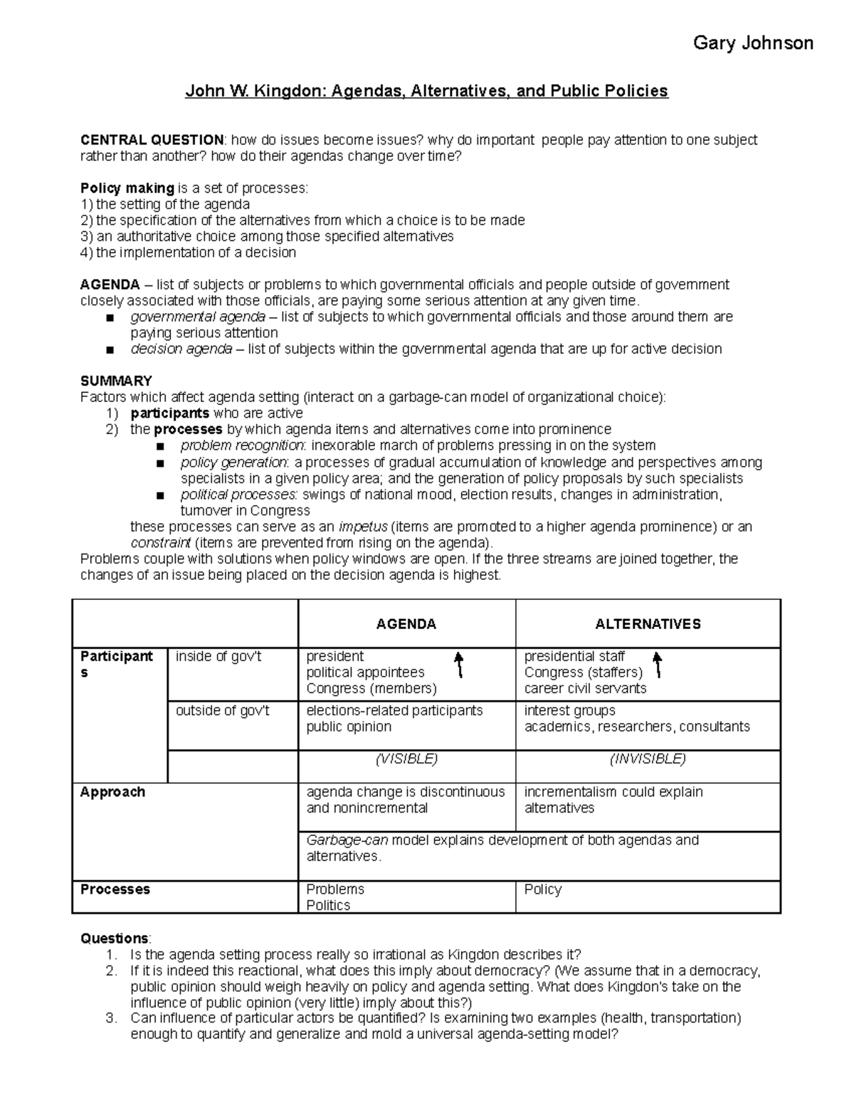 Kingdon 2(1) - Book Summary - John W. Kingdon: Agendas, Alternatives ...