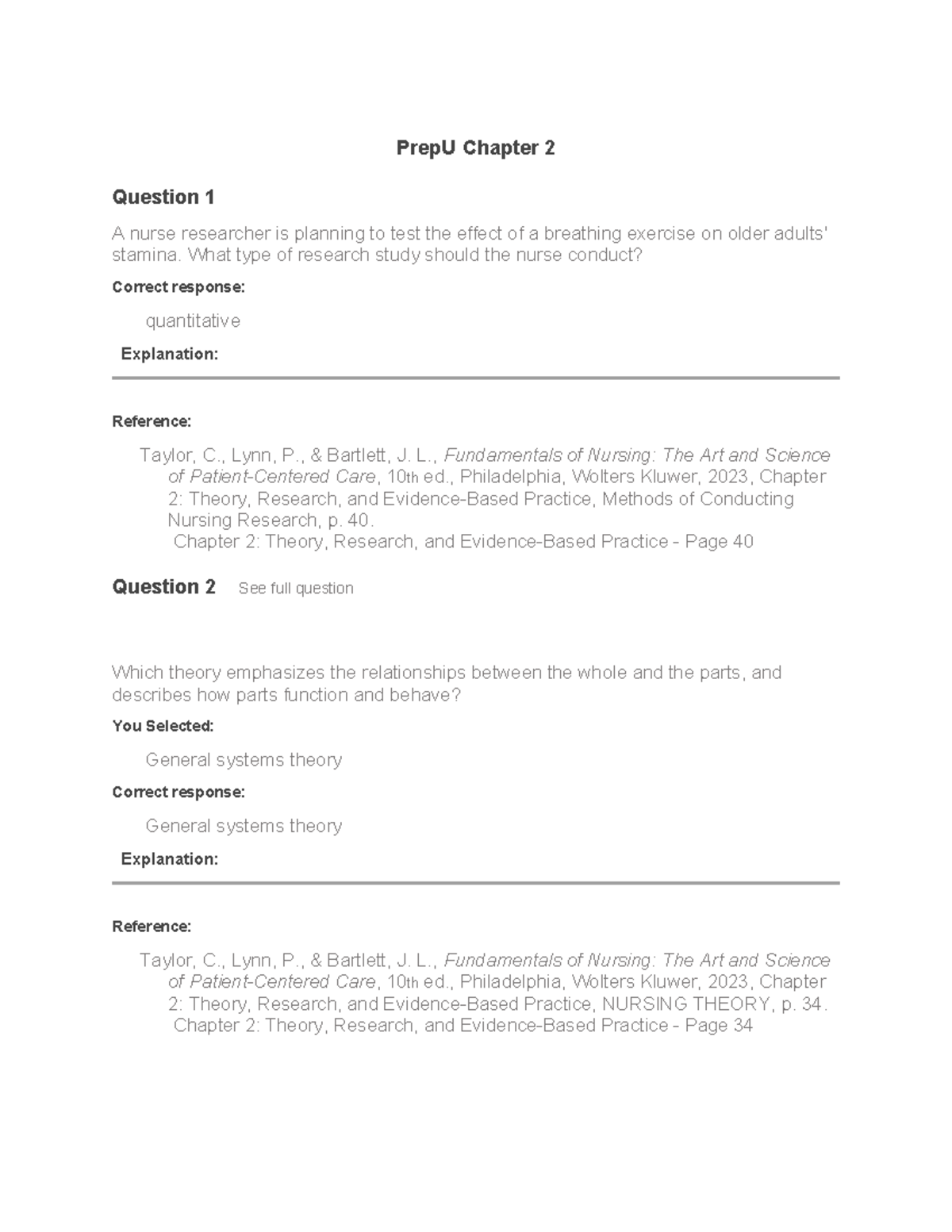 Prep U Chapter 2 - Review - PrepU Chapter 2 Question 1 A nurse ...