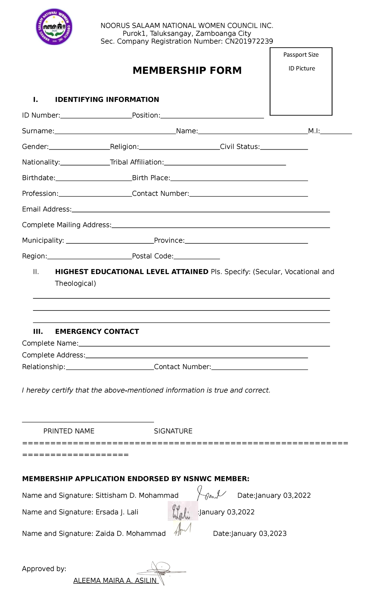 Nsnwc Membership Form - NOORUS SALAAM NATIONAL WOMEN COUNCIL INC ...