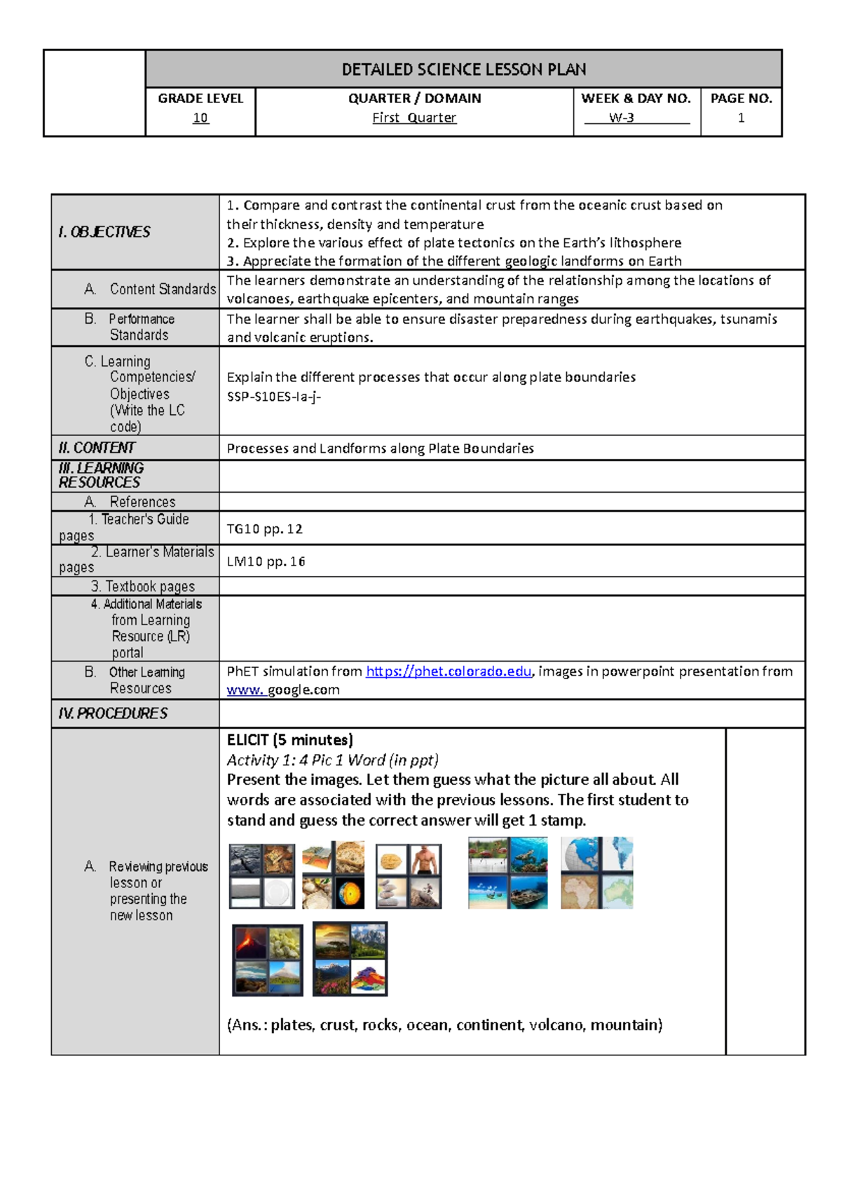 COT 1 Earth SCI - DETAILED SCIENCE LESSON PLAN GRADE LEVEL 10 QUARTER ...