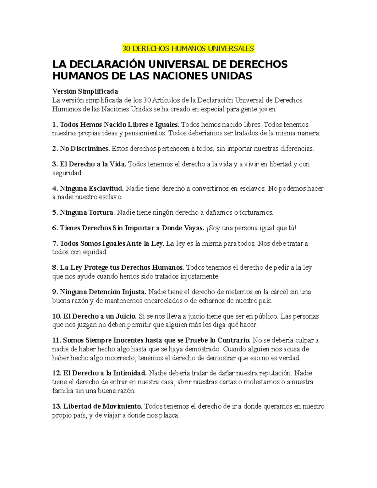 30 Derechos Humanos Universales - 30 DERECHOS HUMANOS UNIVERSALES LA ...